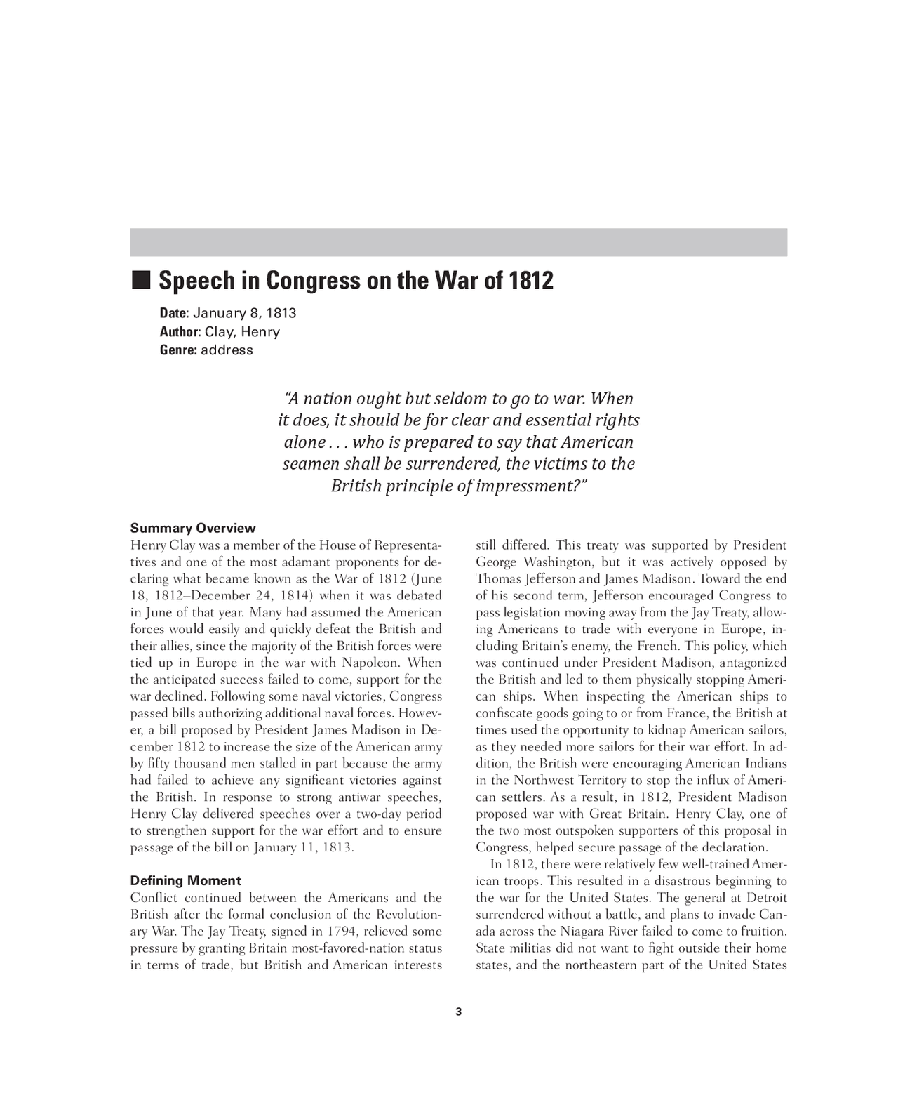 Speech in Congress on the War of 1812 | Exams Law | Docsity