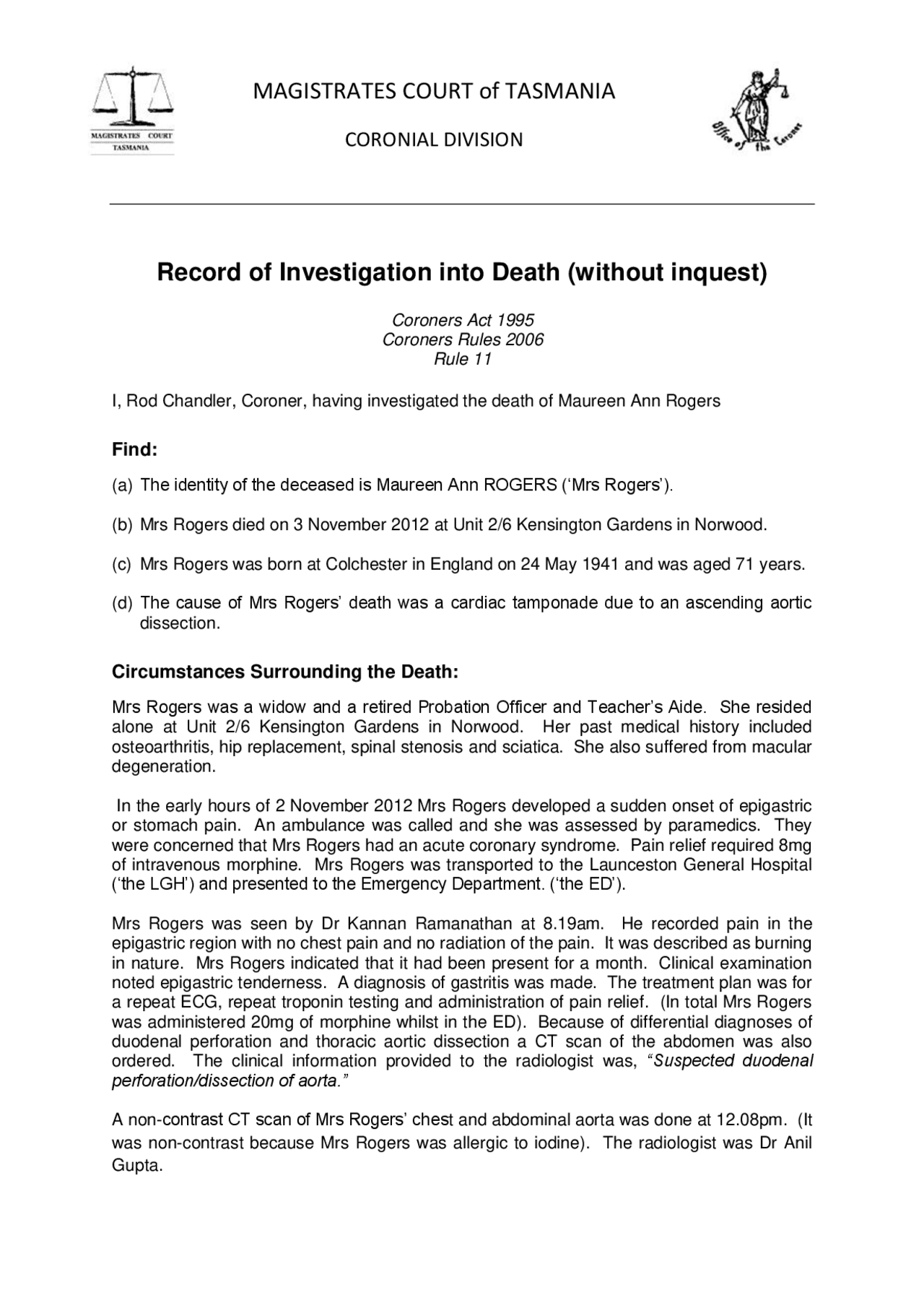 Record of Investigation into Death (without inquest) | Lecture notes ...