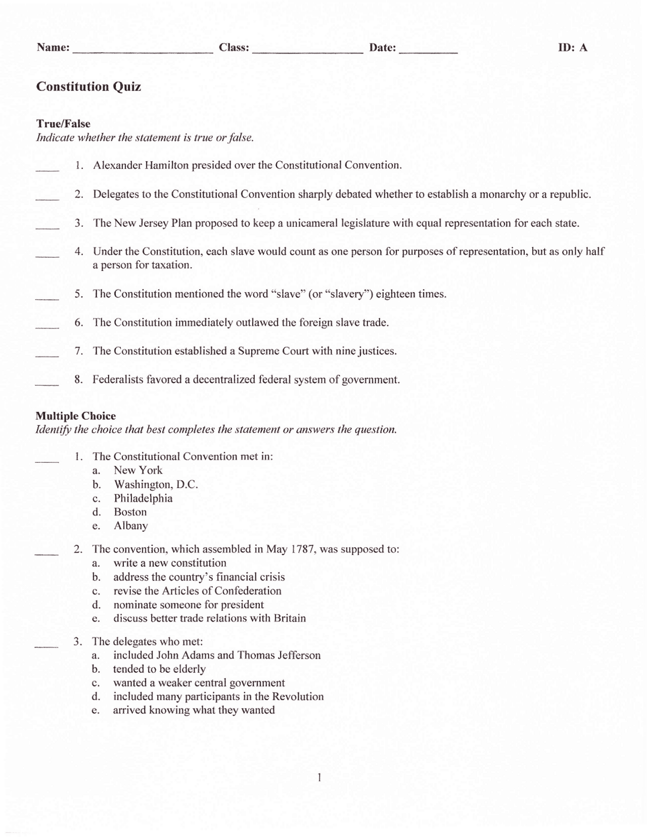 Constitution Quiz | Lecture notes Constitutional Law | Docsity