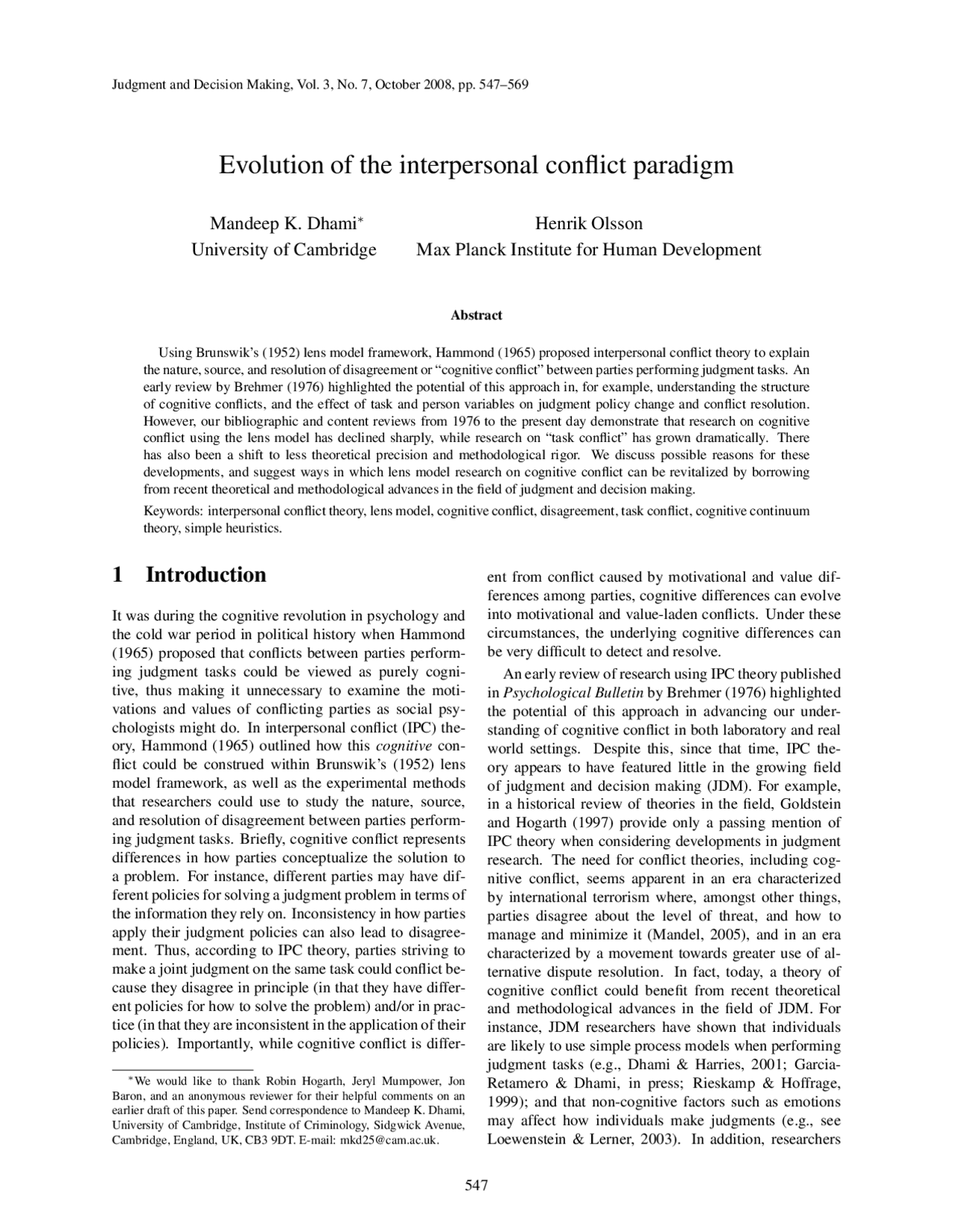 Evolution of the interpersonal conflict paradigm | Summaries Decision ...
