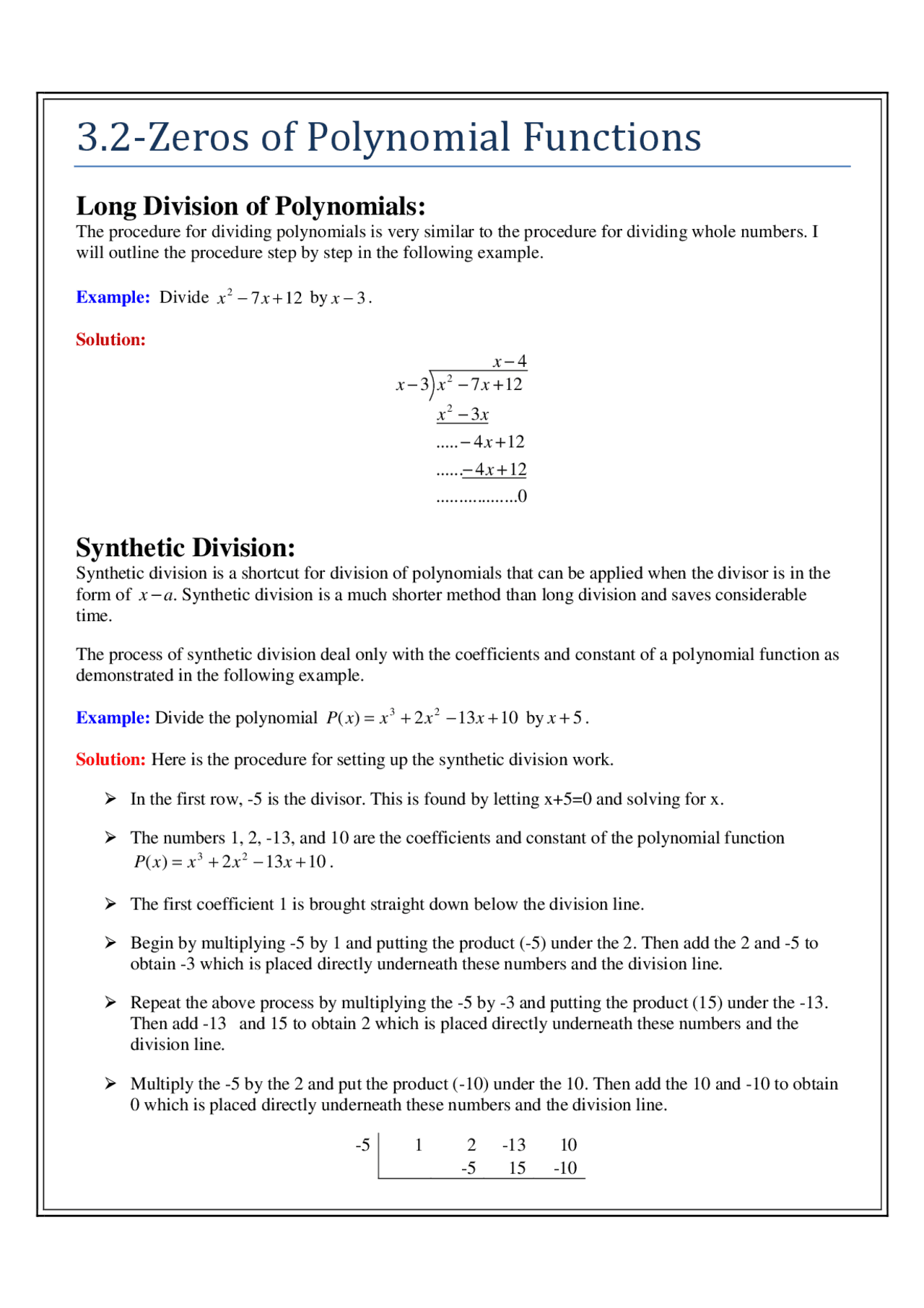 3.2 Zeros of Polynomial Functions | Summaries Elementary Mathematics ...