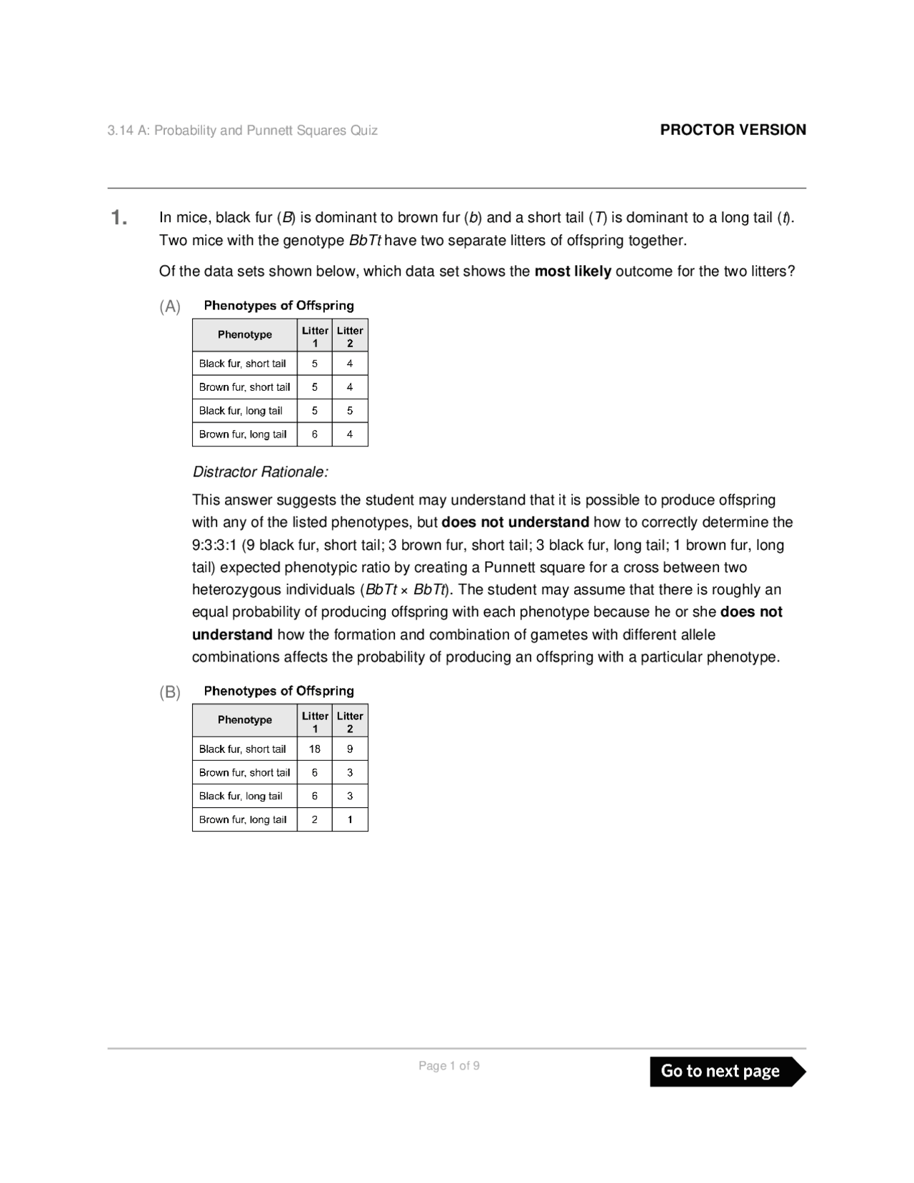 3.14 A: Probability and Punnett Squares Quiz | Exams Genetics | Docsity