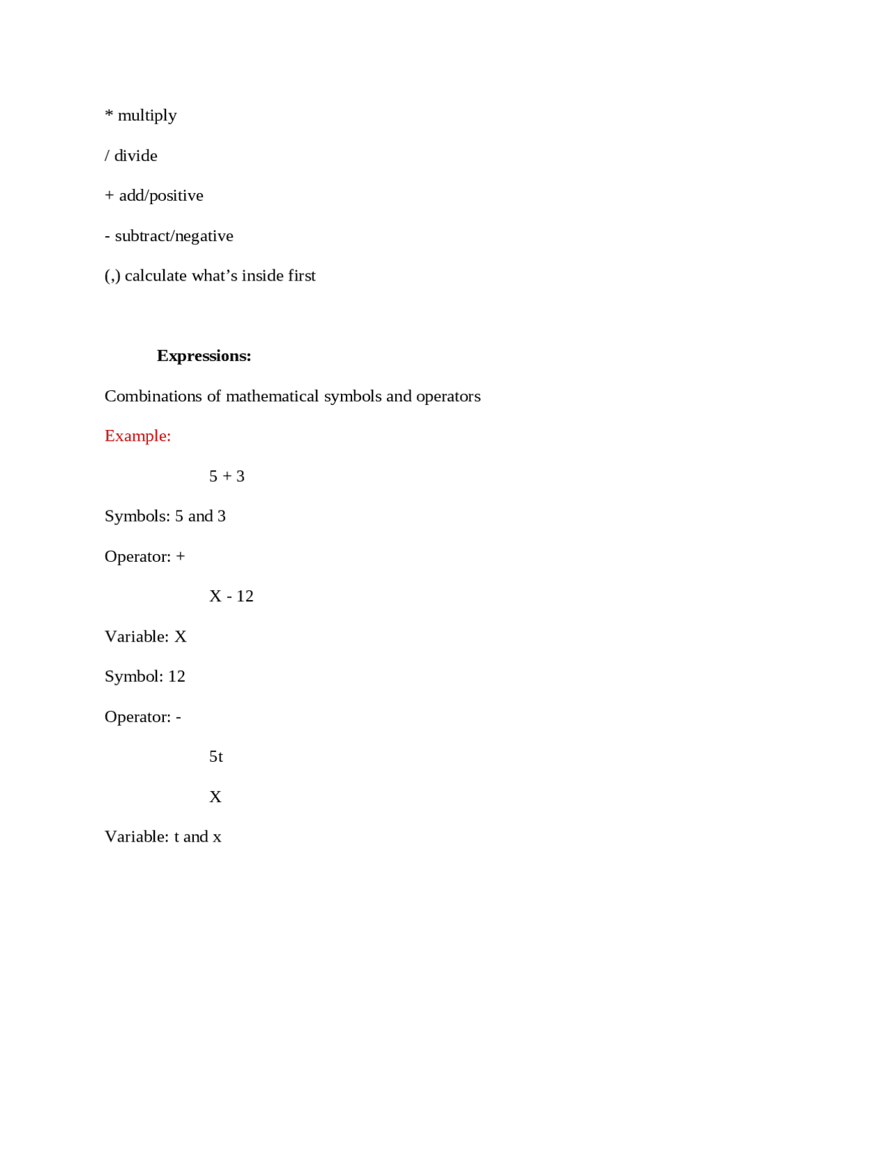 Mathematical Operations and Equations | Study notes Mathematics | Docsity