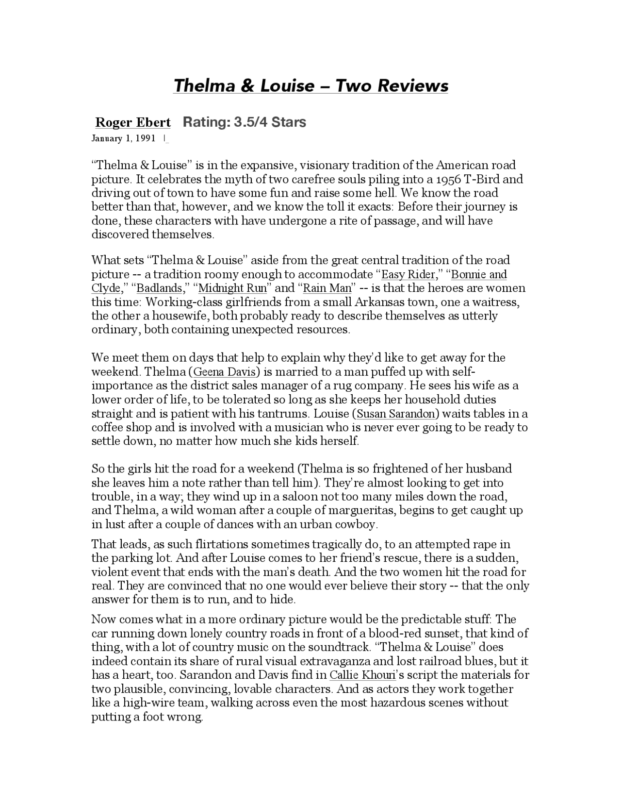 Thelma & Louise – Two Reviews | Lecture notes Music | Docsity