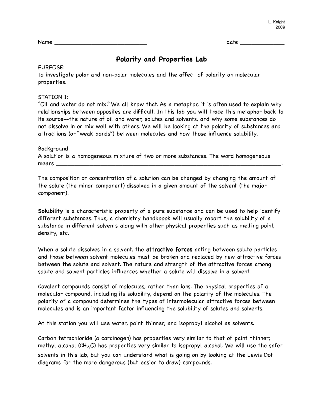 Polarity lab | Summaries Chemistry | Docsity