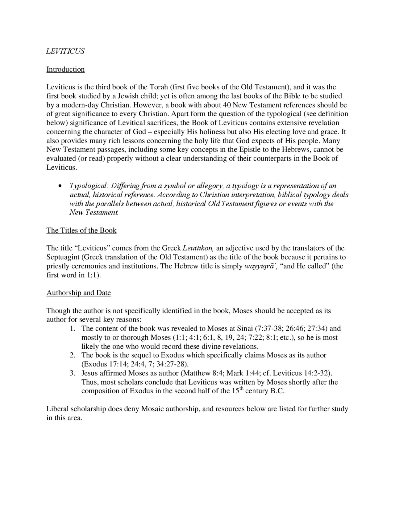 Leviticus Introduction Lecture Notes Construction Docsity
