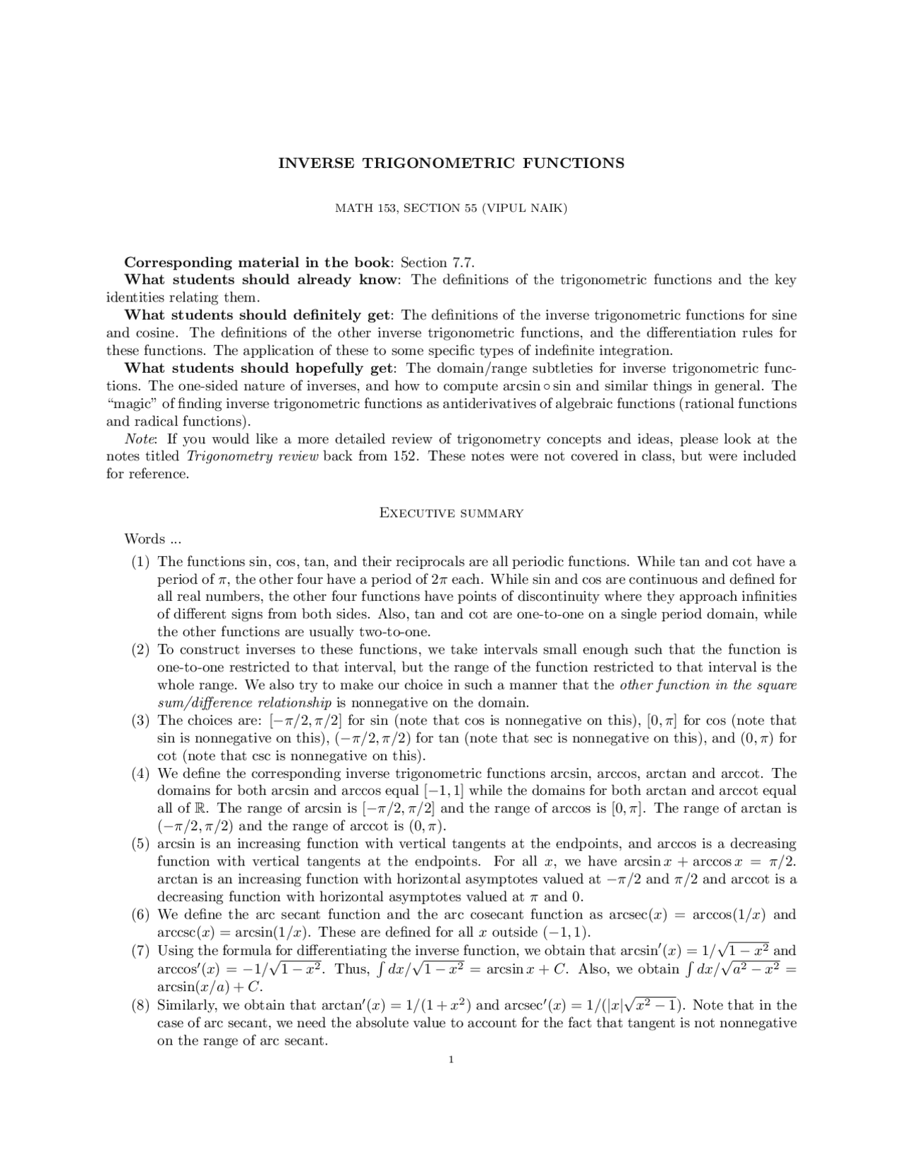 Inverse Trigonometric Functions Summaries Trigonometry Docsity