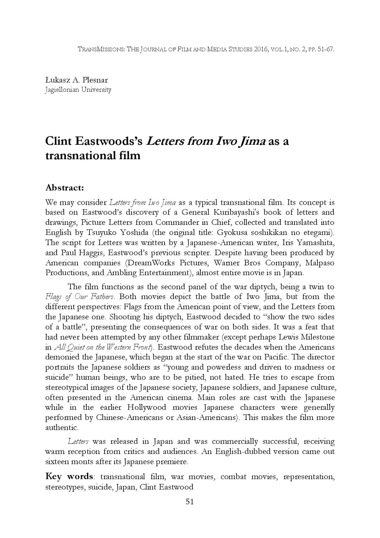 Clint Eastwoods's Letters from Iwo Jima as a transnational film ...