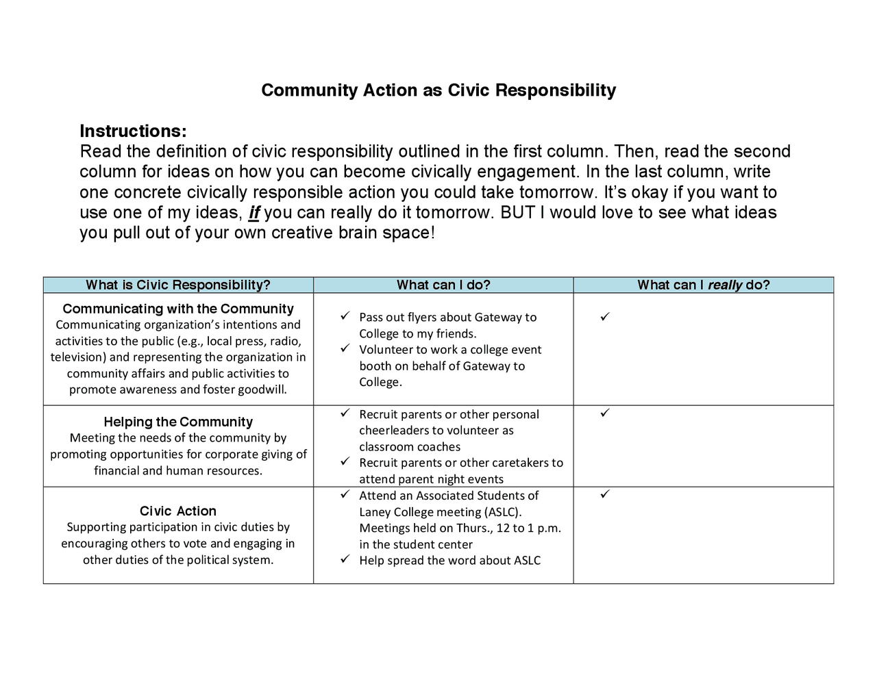 Community Action as Civic Responsibility | Exercises Acting | Docsity