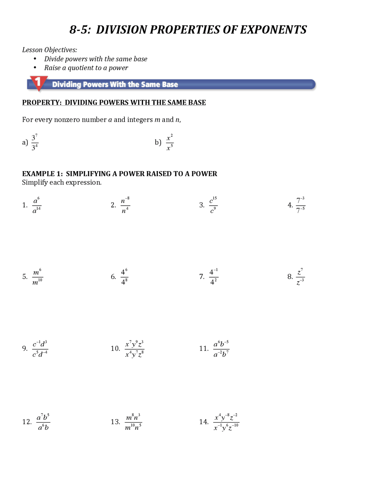 8-5: DIVISION PROPERTIES OF EXPONENTS | Schemes and Mind Maps ...