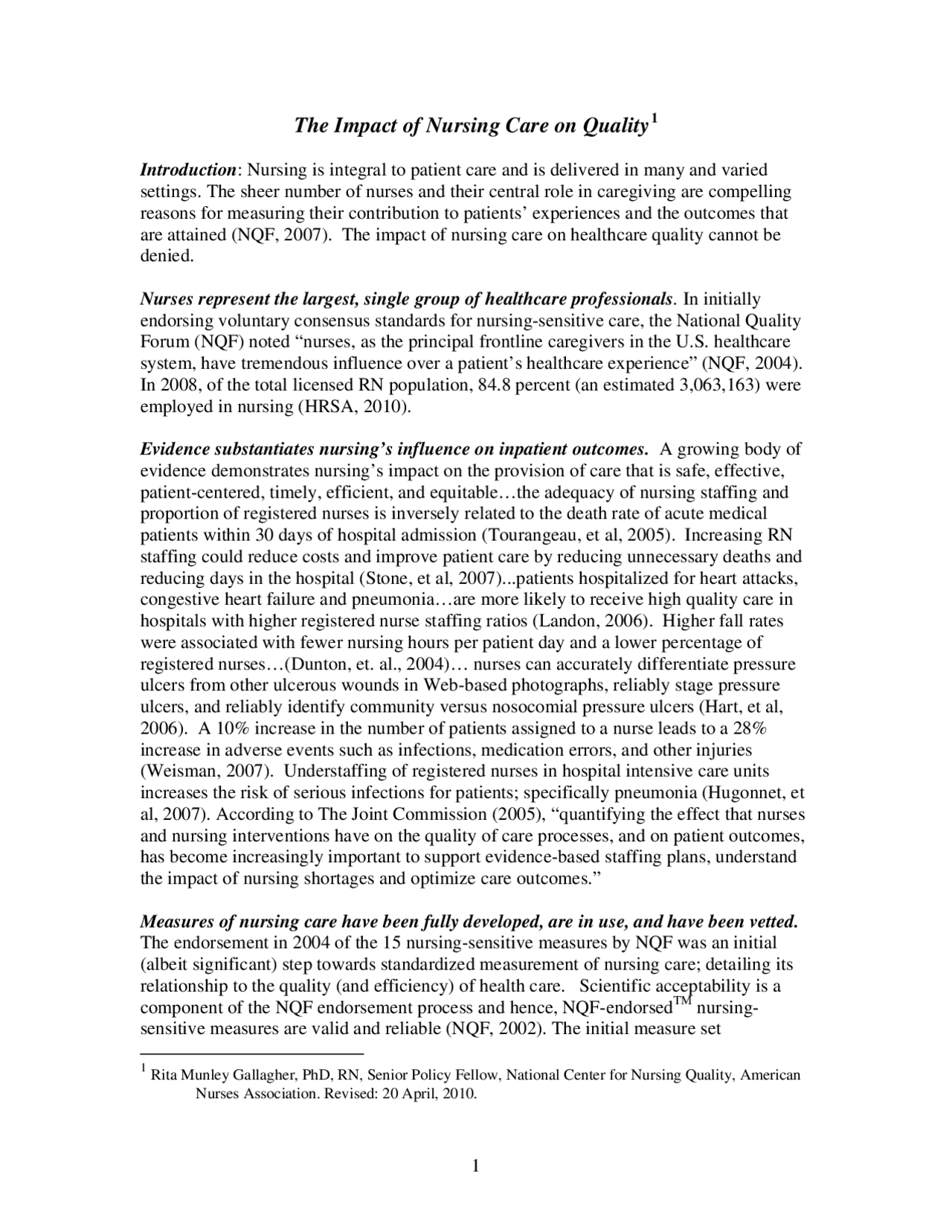 The Impact of Nursing Care on Quality | Study notes Nursing | Docsity