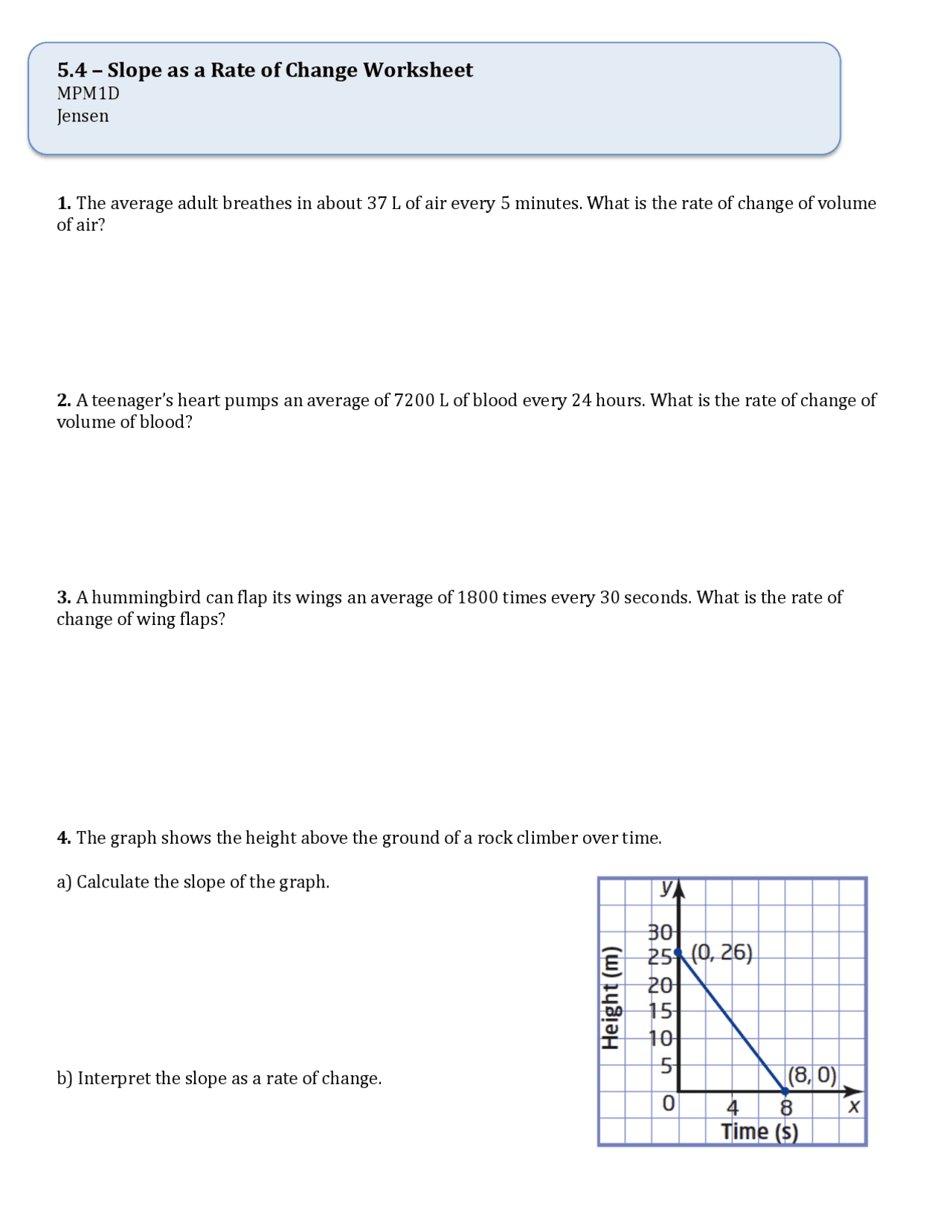 5.4 – Slope as a Rate of Change Worksheet | Exams Calculus | Docsity