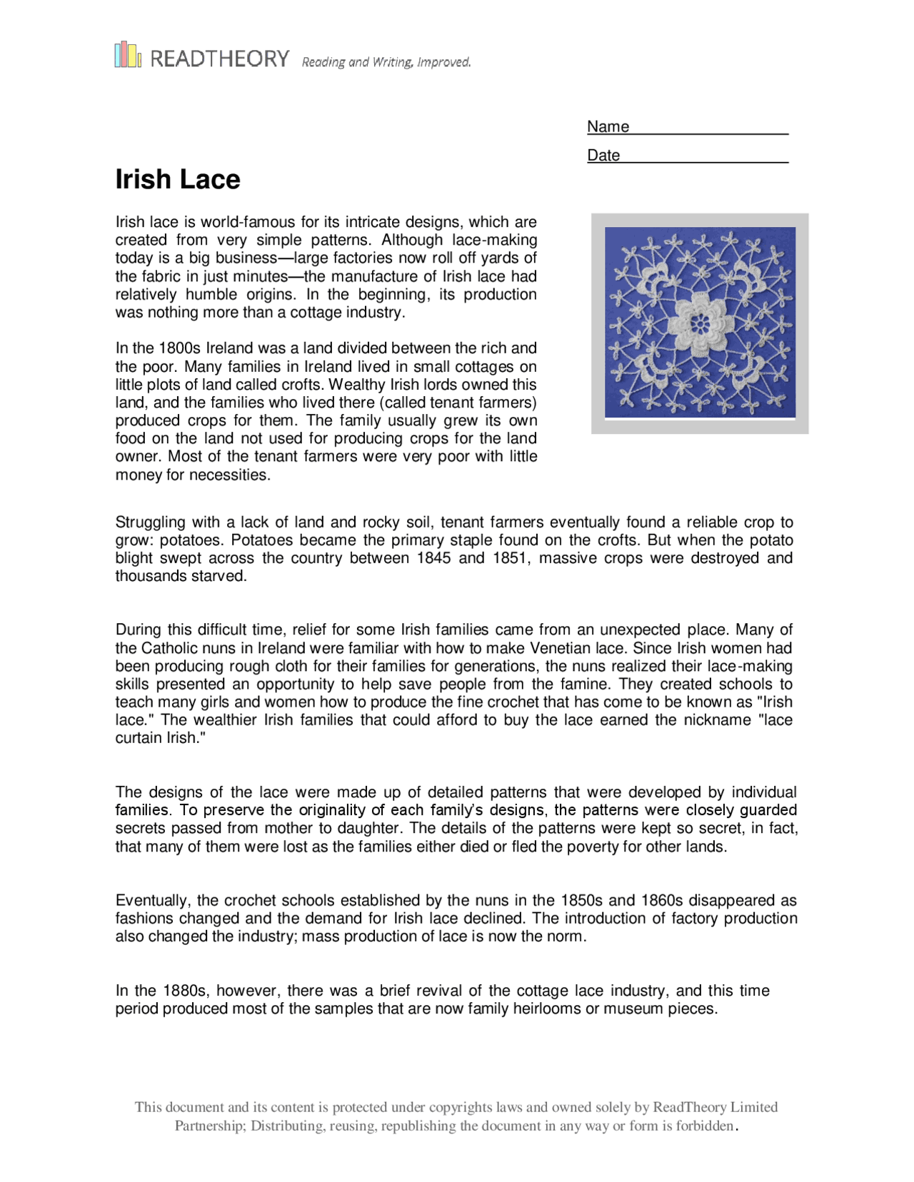 Irish Lace | ReadTheory | Study notes Business | Docsity