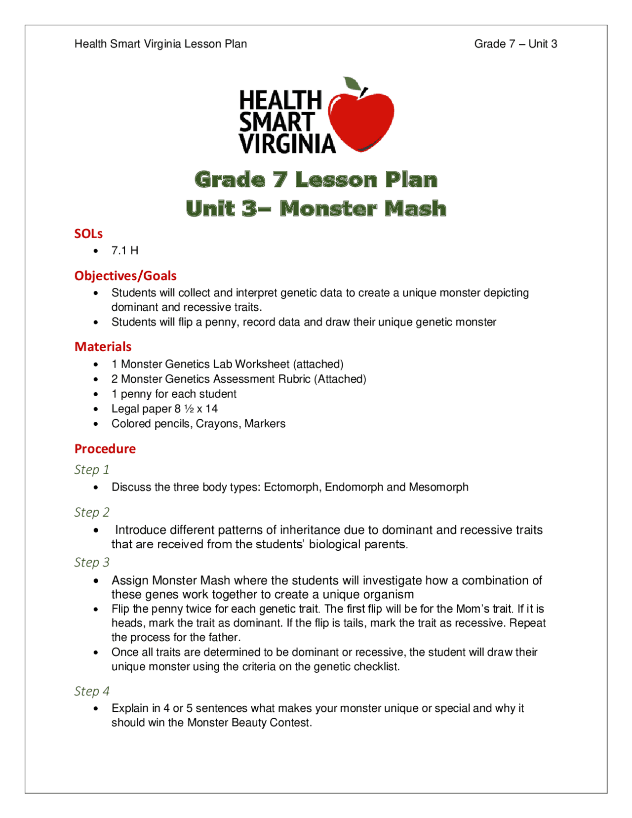 Grade 7 Lesson Plan Unit 3– Monster Mash | Study notes Genetics | Docsity
