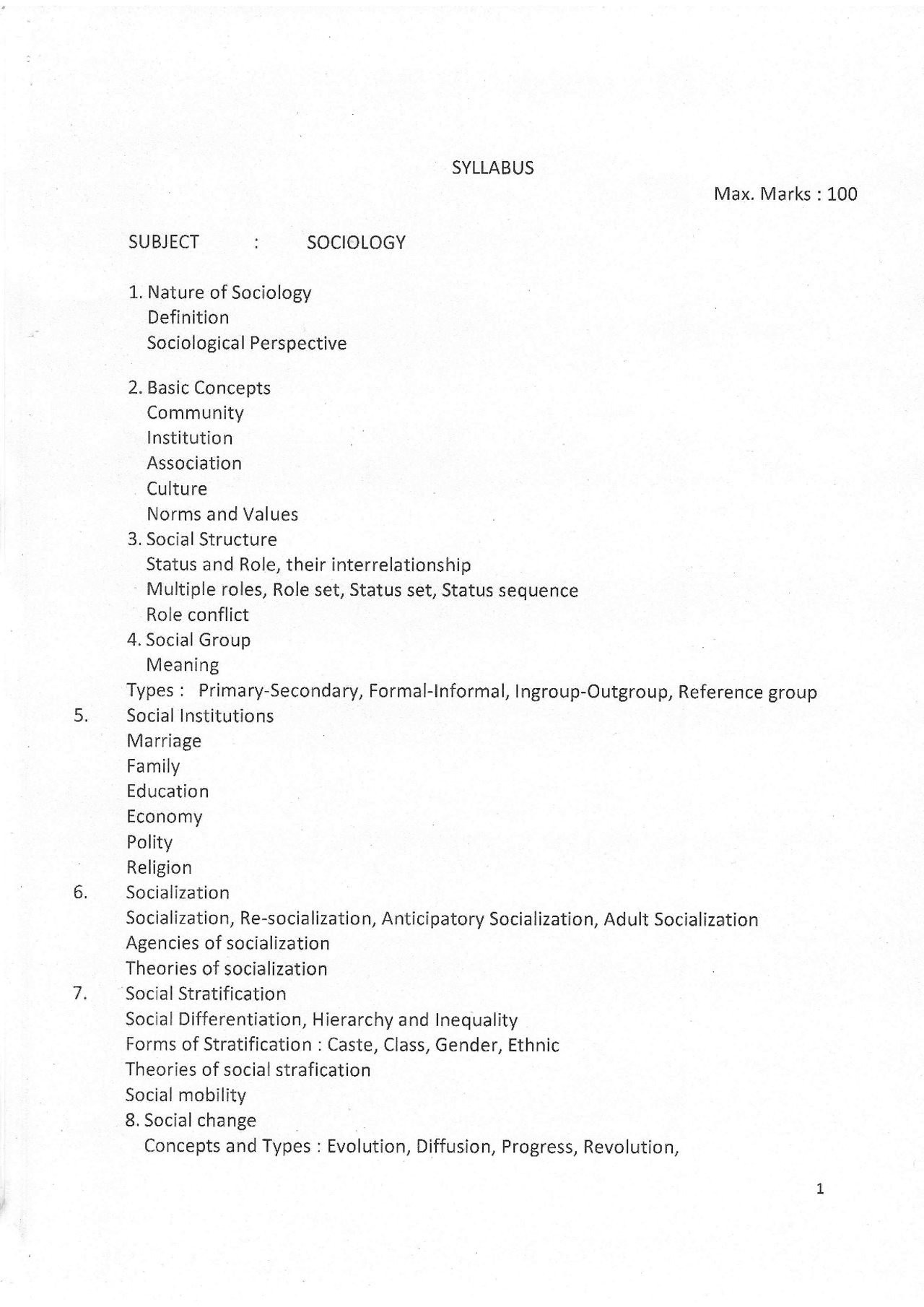Syllabus Sociology | Exercises Sociology | Docsity
