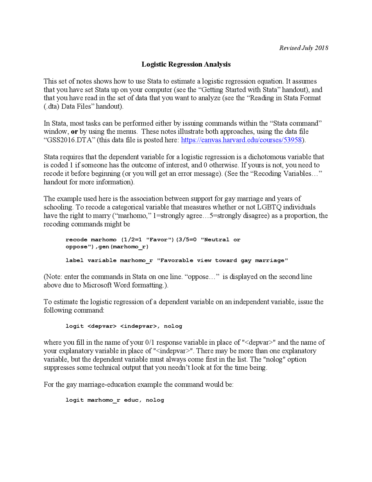 Logistic Regression Analysis | Harvard Sociology | Study notes ...