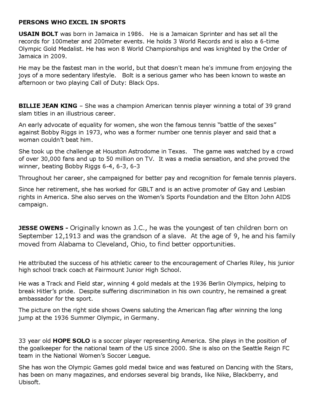 JESSE OWENS | Exercises History | Docsity