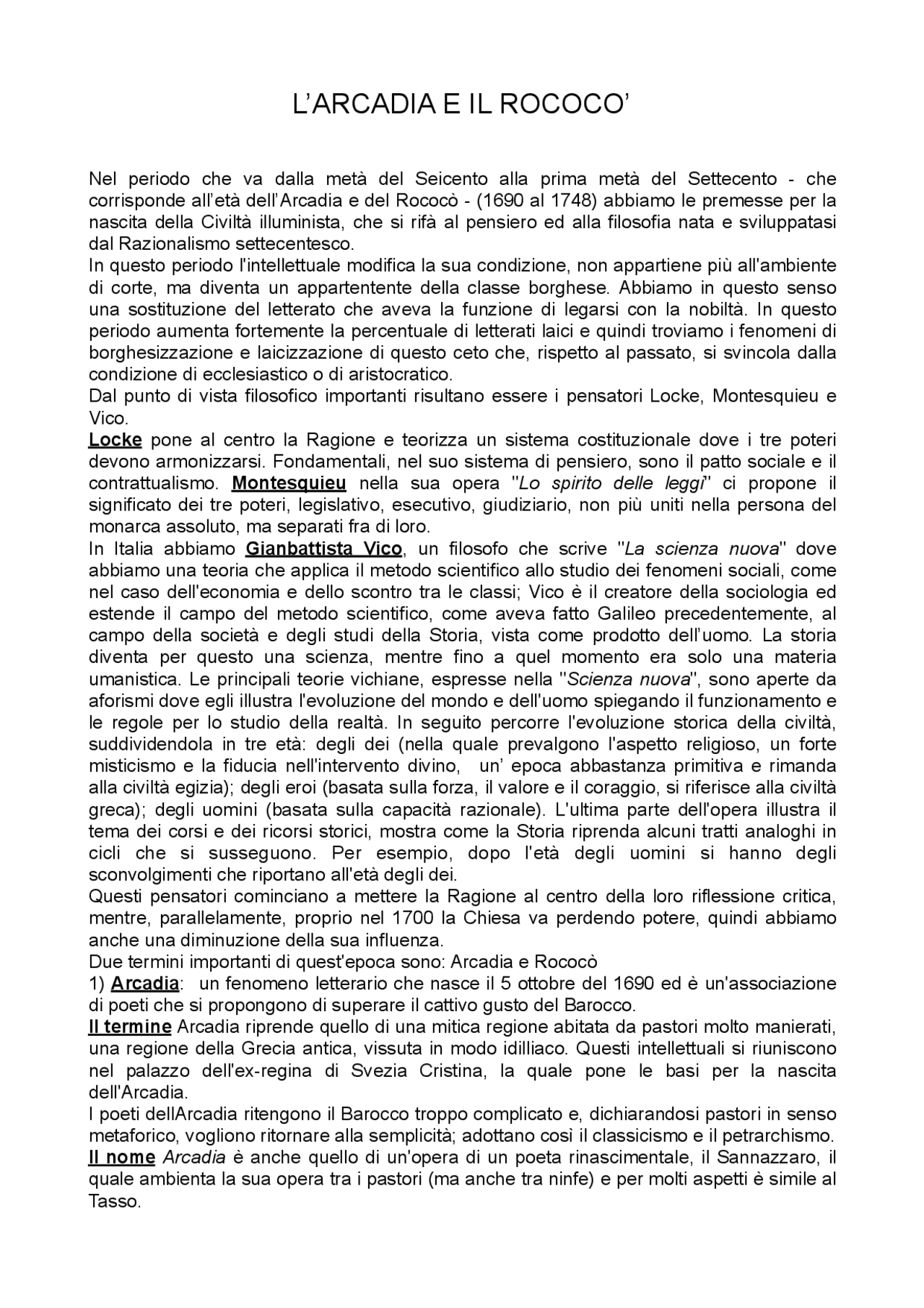 L'Arcadia e il Rococò- riassunto | Dispense di Italiano | Docsity