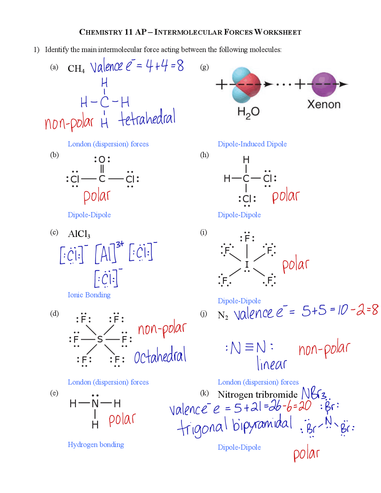 Intermolecular Forces Worksheet 1 Answers