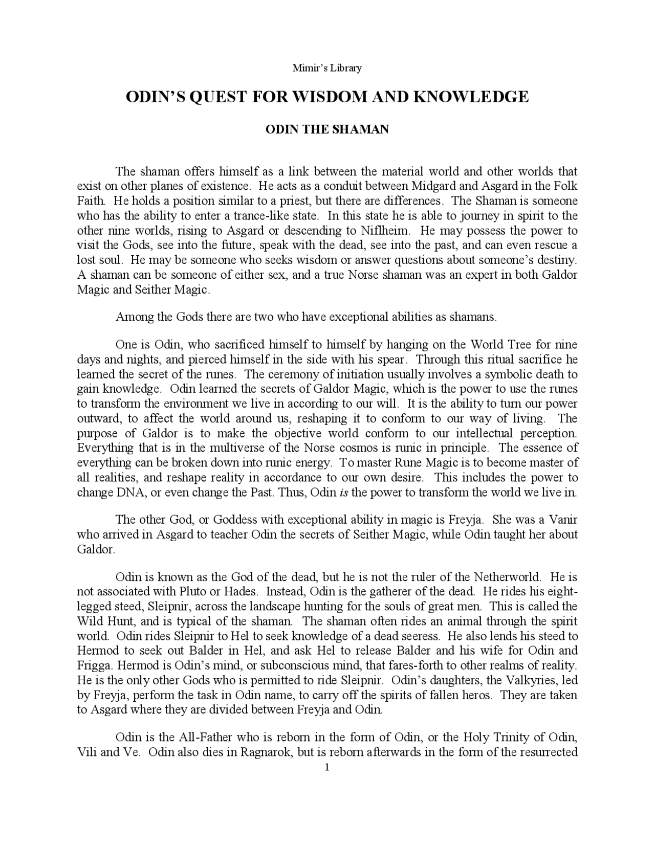 ODIN'S QUEST FOR WISDOM AND KNOWLEDGE | Exercises Christianity | Docsity