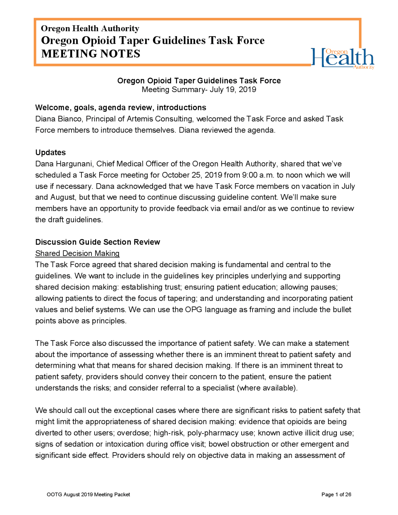 Oregon Opioid Taper Guidelines Task Force MEETING NOTES | Schemes and ...