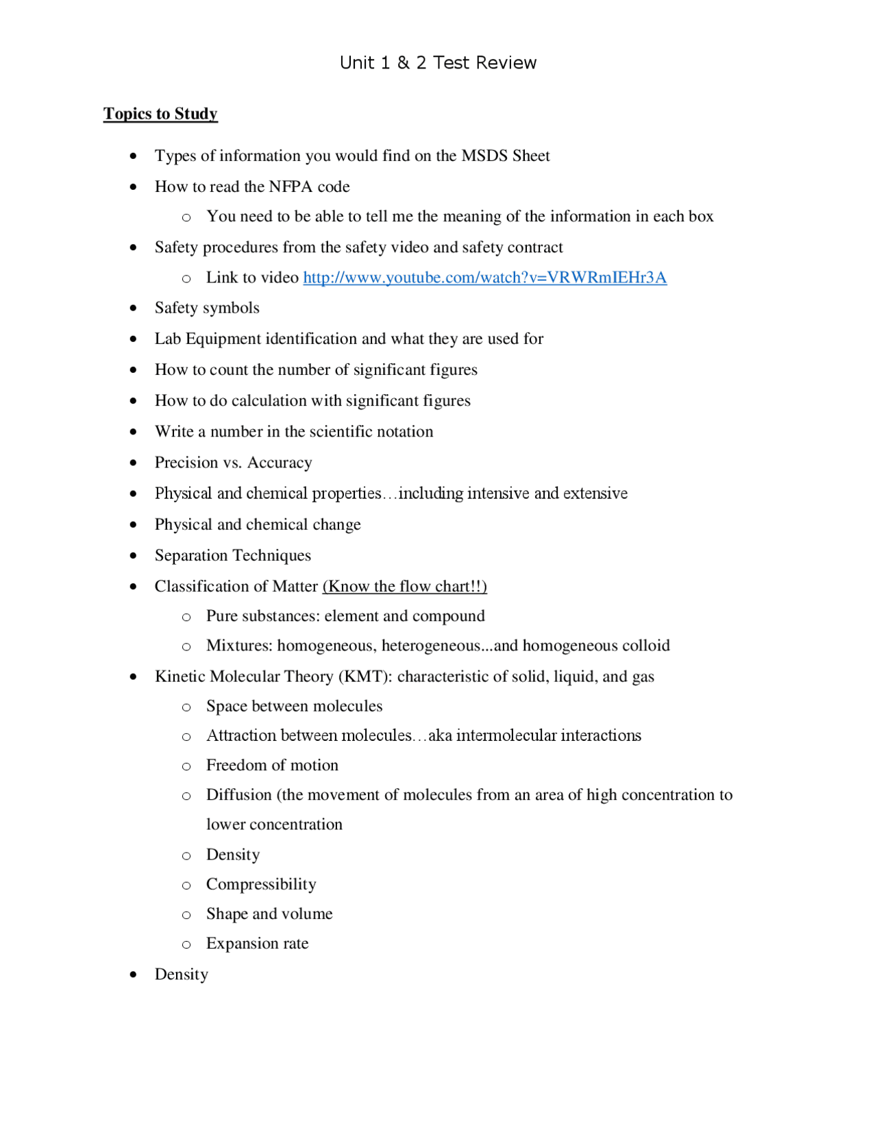 Unit 1 & 2 Test Review Topics to Study | Exercises Chemistry | Docsity