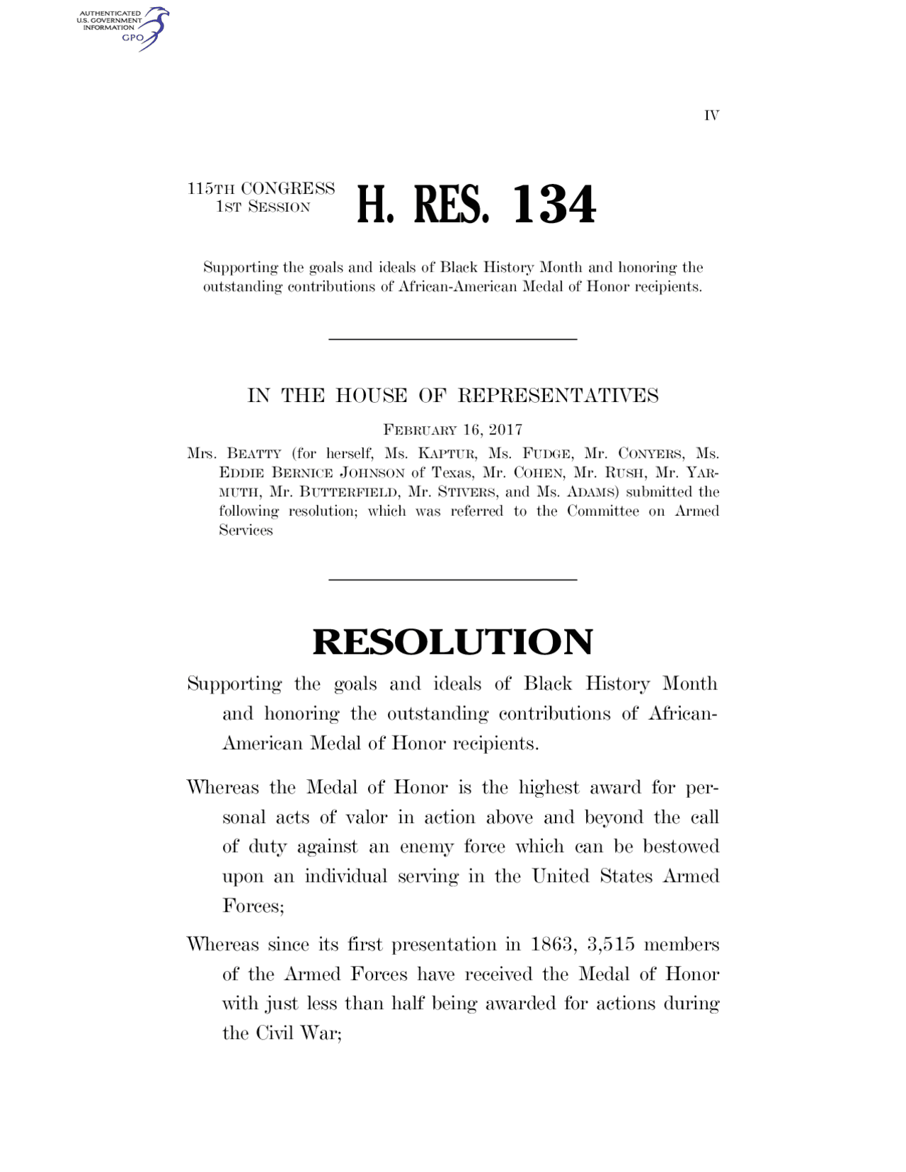 H. RES. 134 | Study notes History | Docsity