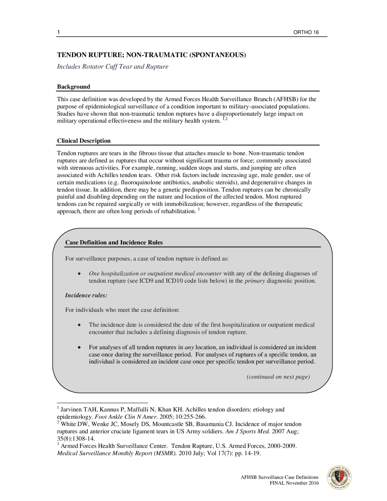 TENDON RUPTURE; NON-TRAUMATIC (SPONTANEOUS) | Slides Epidemiology | Docsity