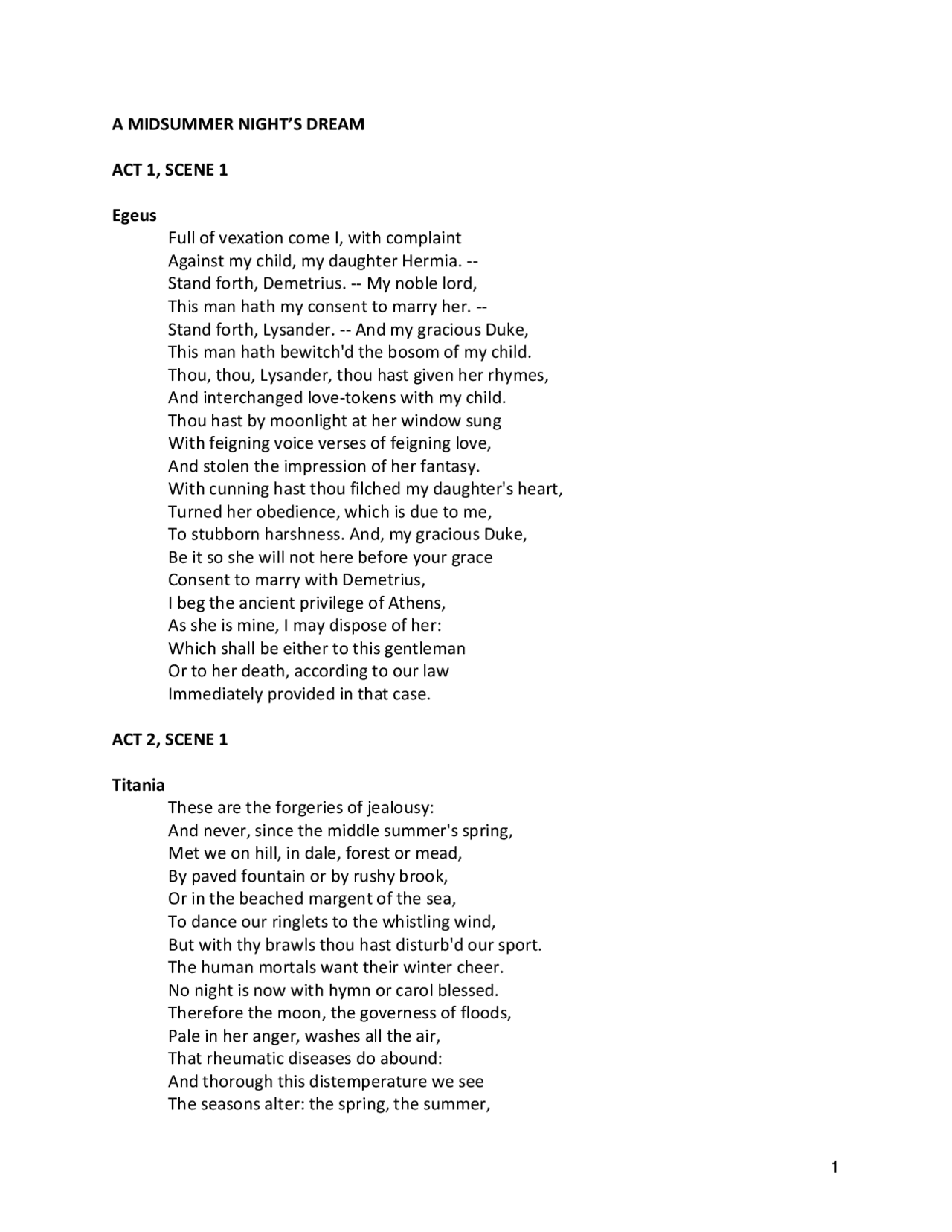 A MIDSUMMER NIGHT'S DREAM ACT 1, SCENE 1 Egeus ... | Exercises Voice ...