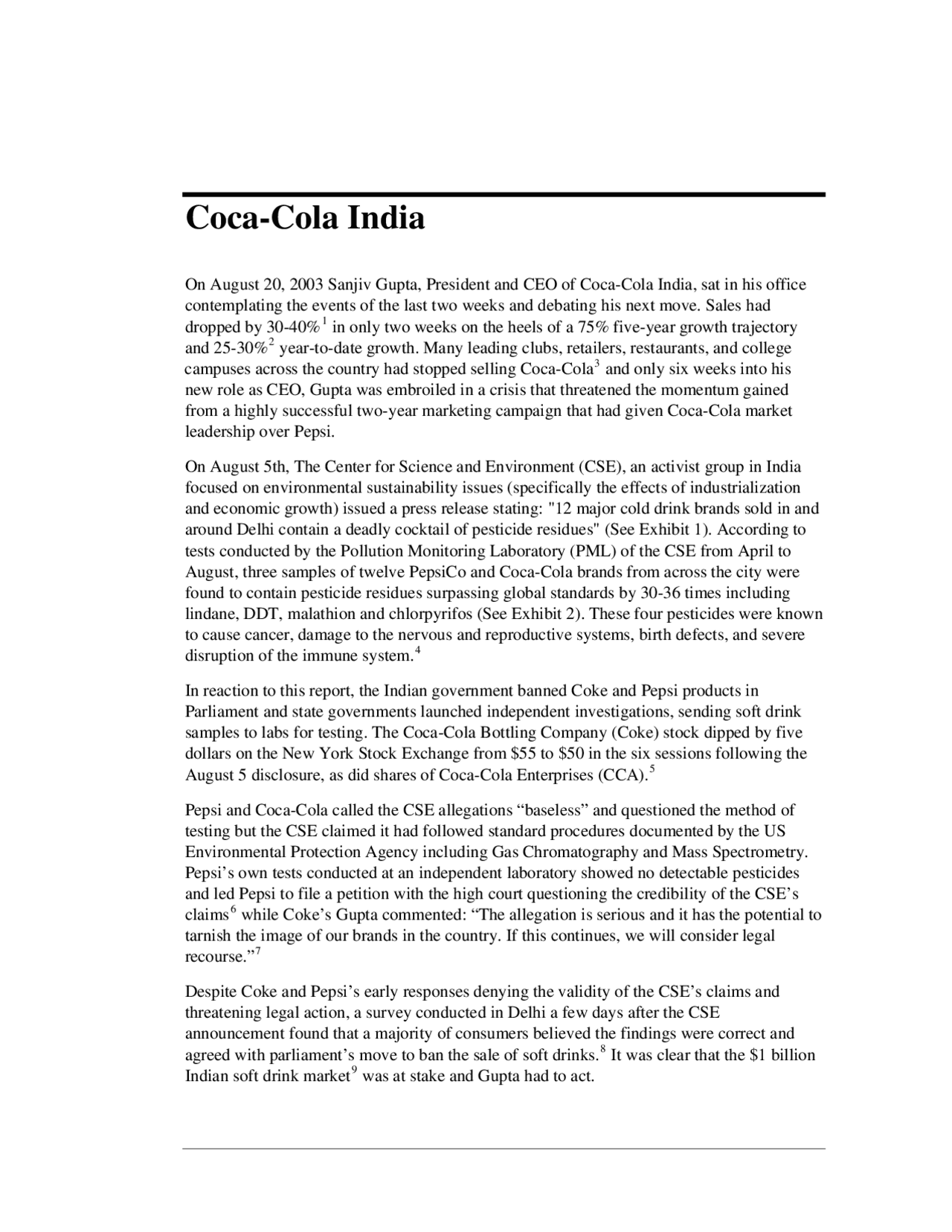 Coca Cola India Exercises Business Docsity