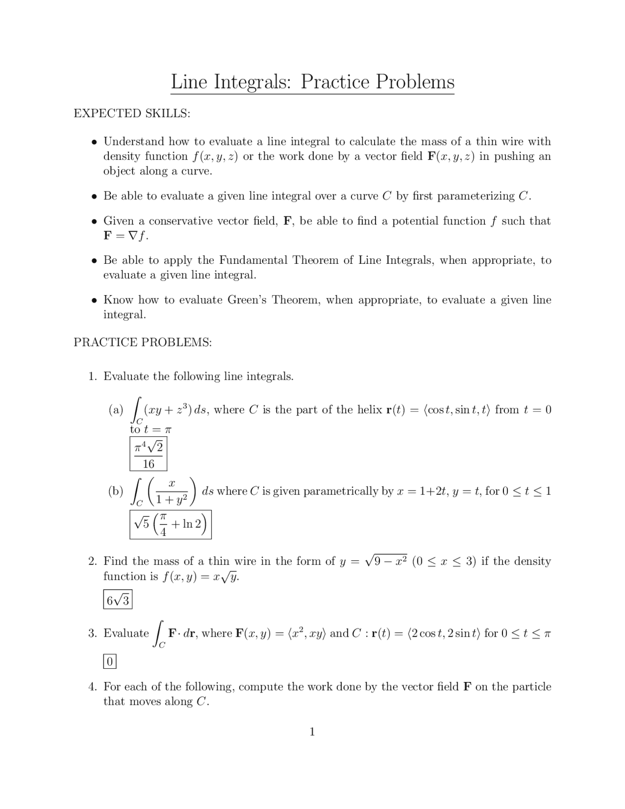 Line Integrals: Practice Problems | Exams Calculus | Docsity