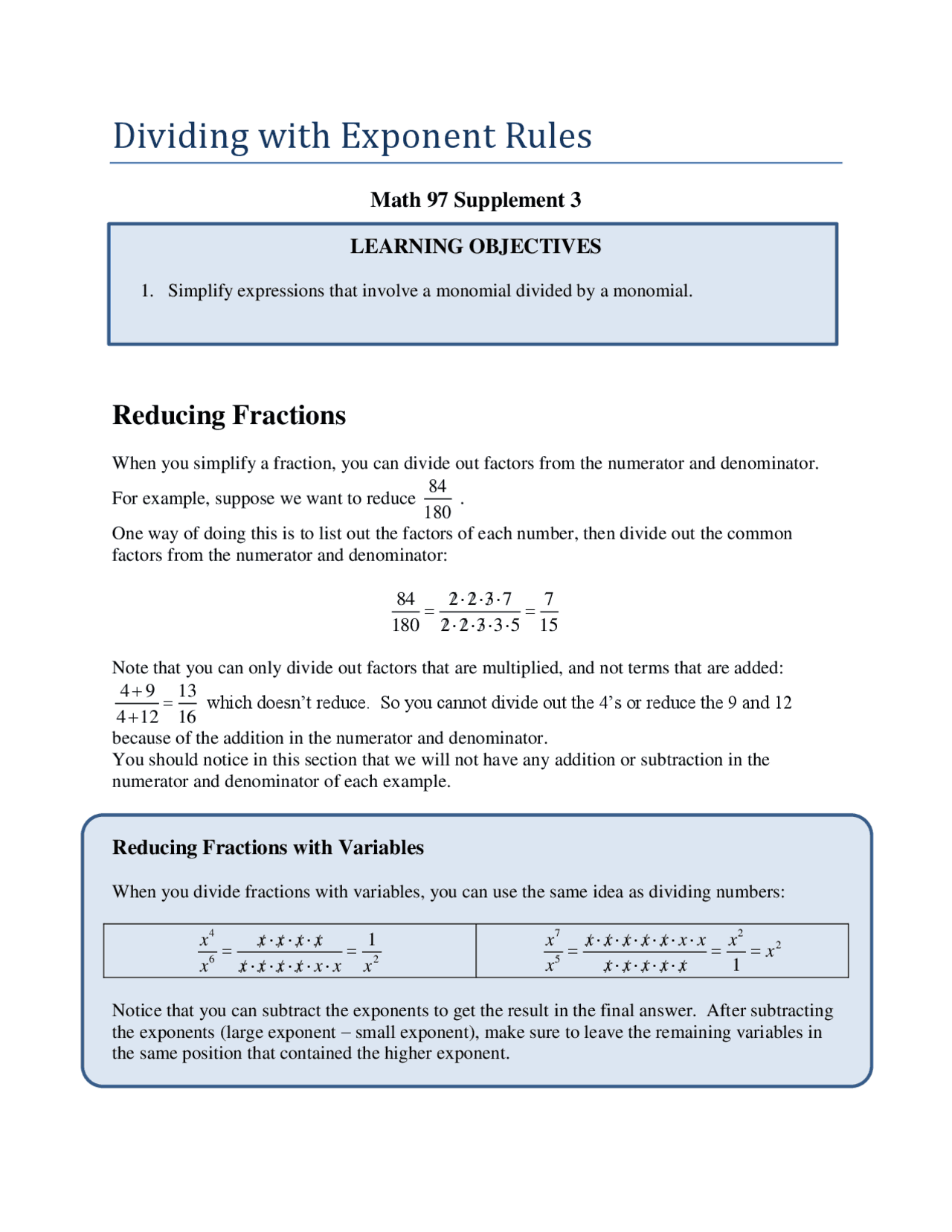 Dividing with Exponent Rules | Study notes Elementary Mathematics | Docsity