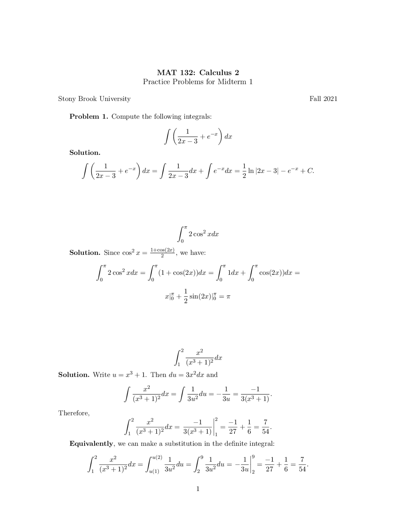 MAT 132: Calculus 2 Practice Problems for Midterm 1 | Schemes and Mind Maps Calculus | Docsity