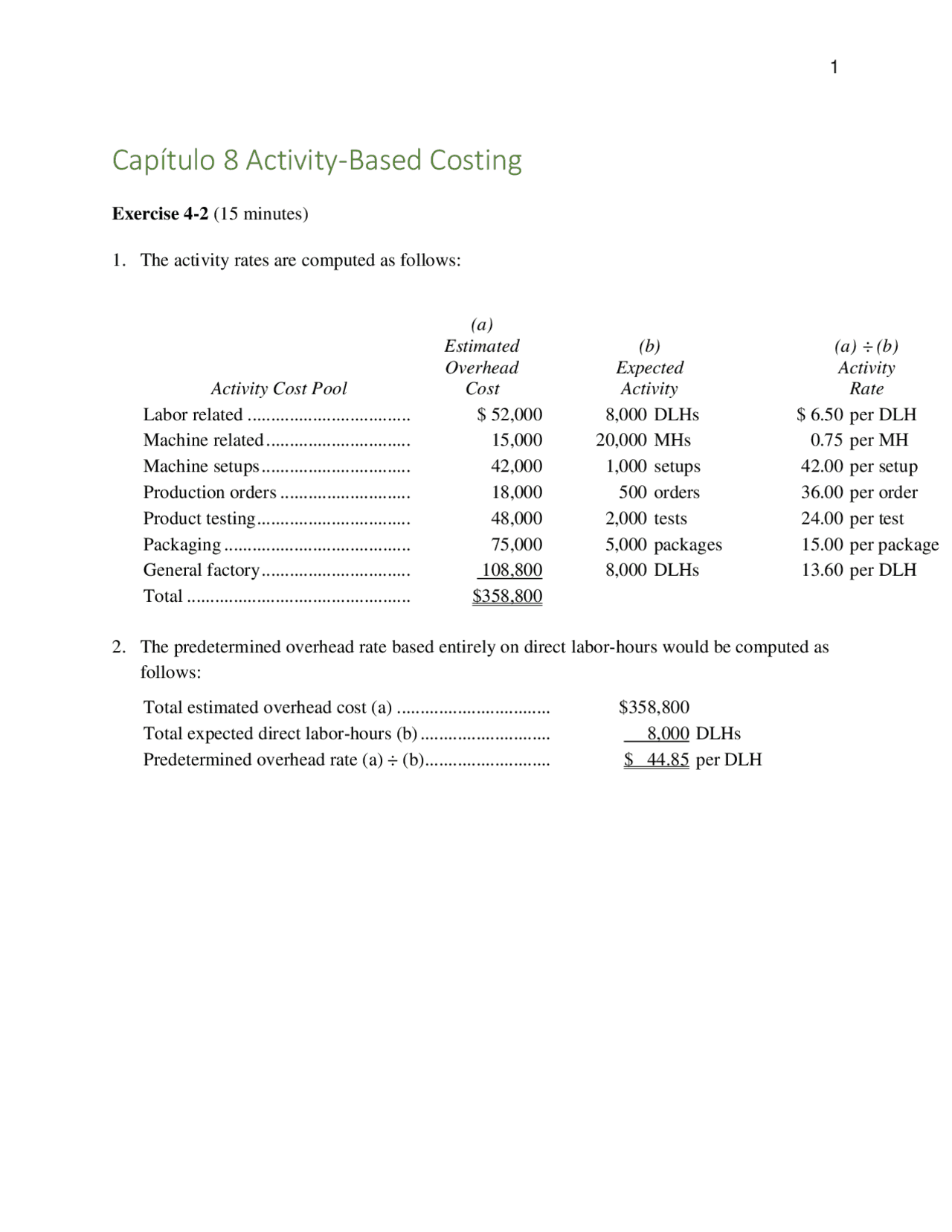 Capítulo 8 Activity Based Costing Exercises Engineering Docsity