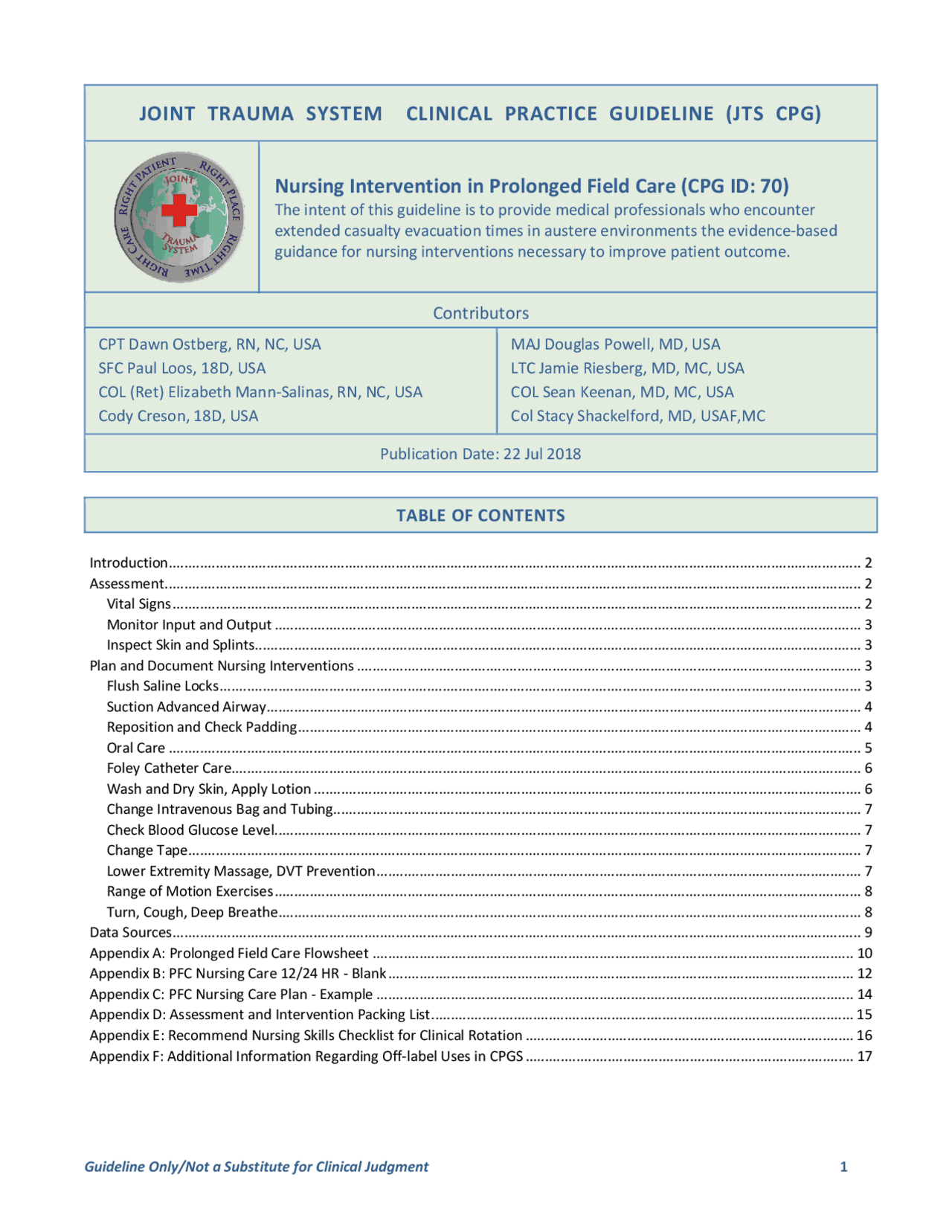 Nursing Intervention in Prolonged Field Care (CPG ID: 70) | Exercises ...
