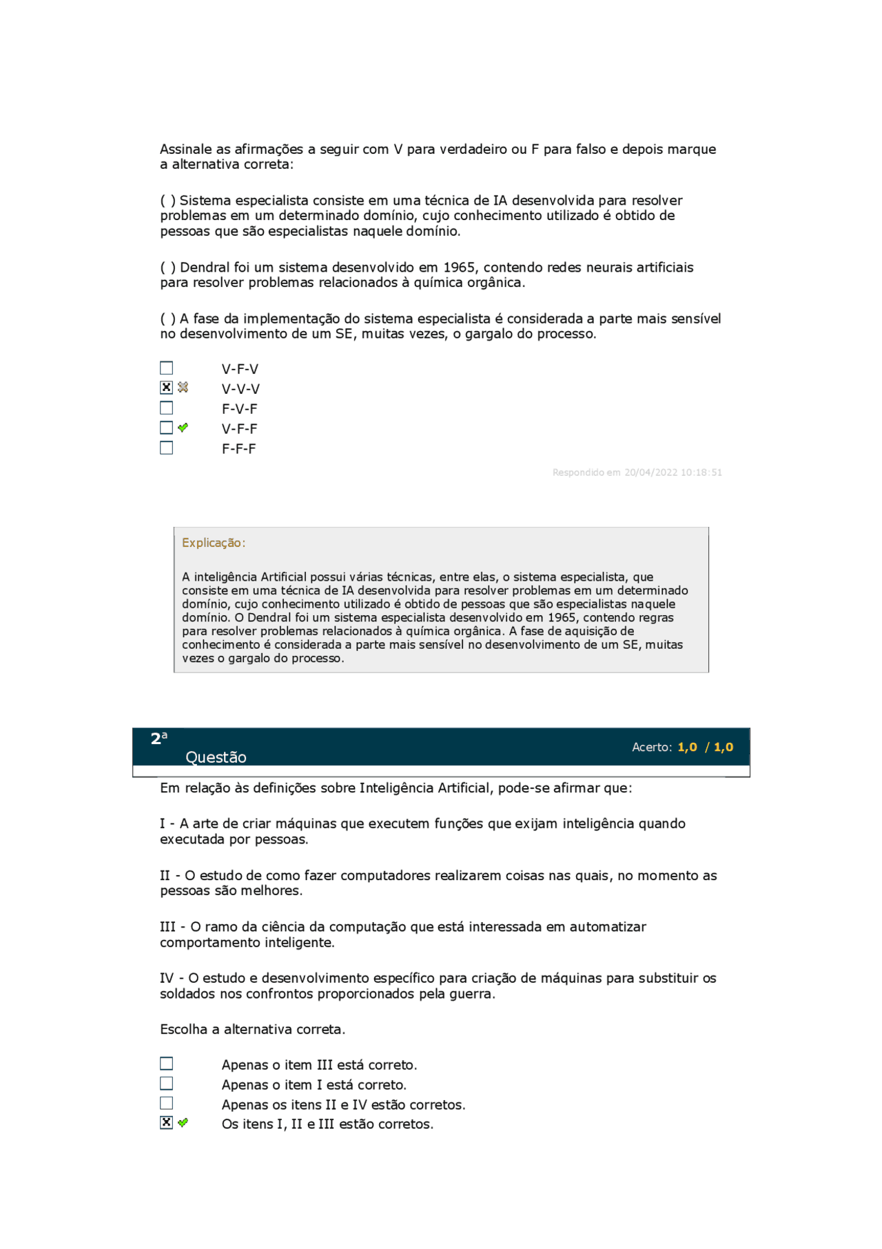 Simulado Inteligencia Artificial Estacio | Ejercicios Inteligencia Artificial | Docsity