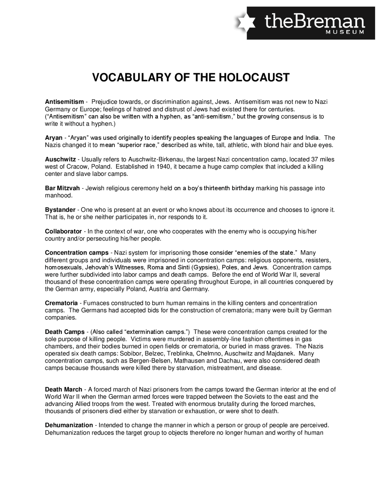 VOCABULARY OF THE HOLOCAUST | Summaries German | Docsity