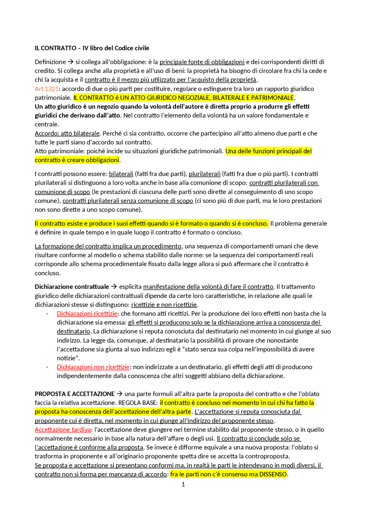 Il contratto - sintesi | Appunti di Diritto Privato | Docsity