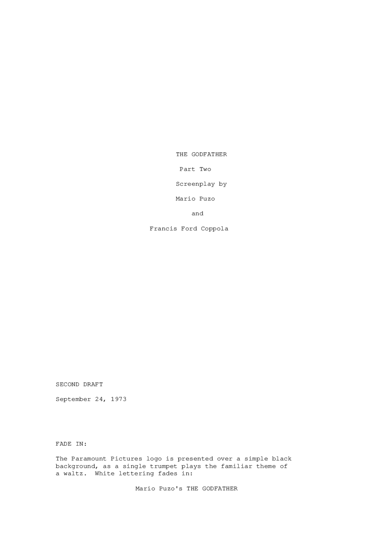 THE GODFATHER Part Two Screenplay by Mario Puzo and ... | Exercises ...