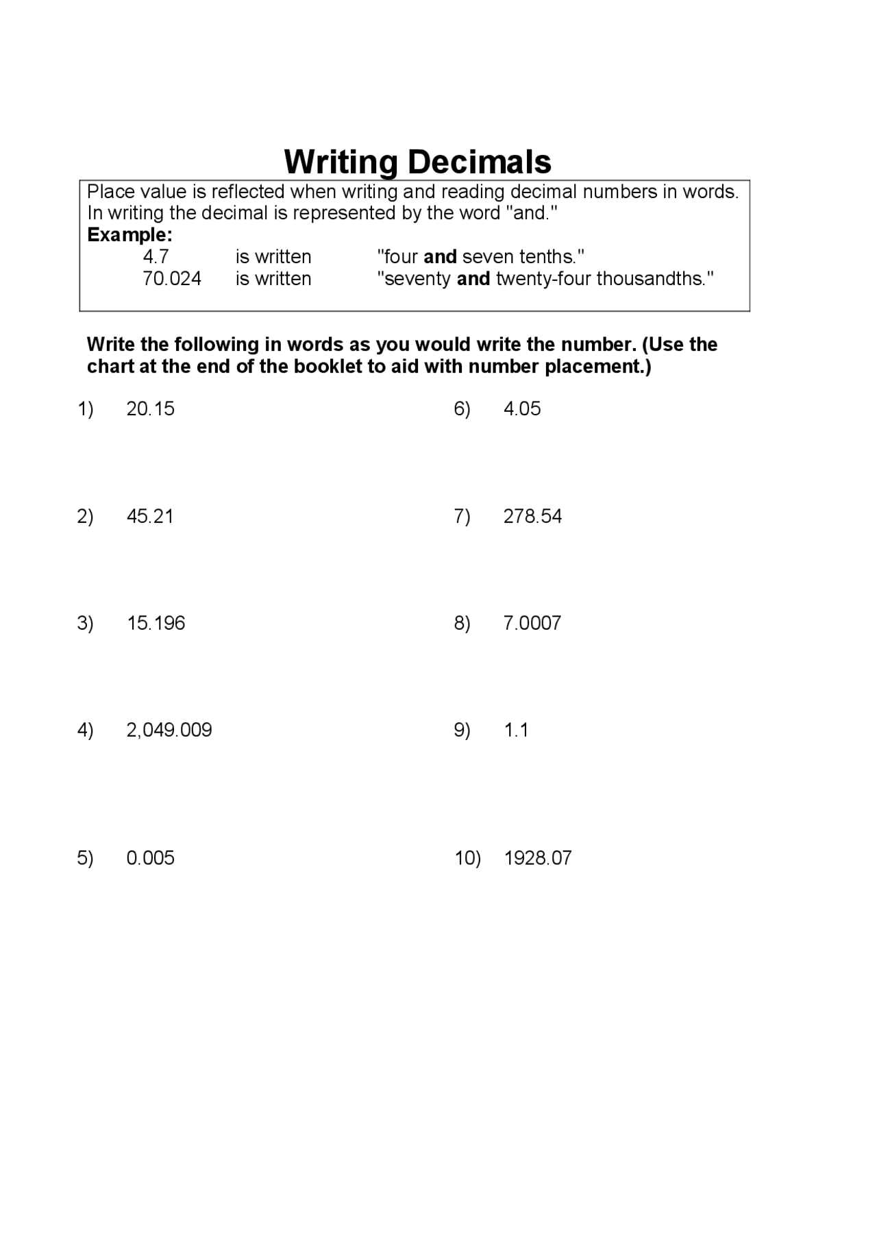 Writing Decimals | Exams Elementary Mathematics | Docsity
