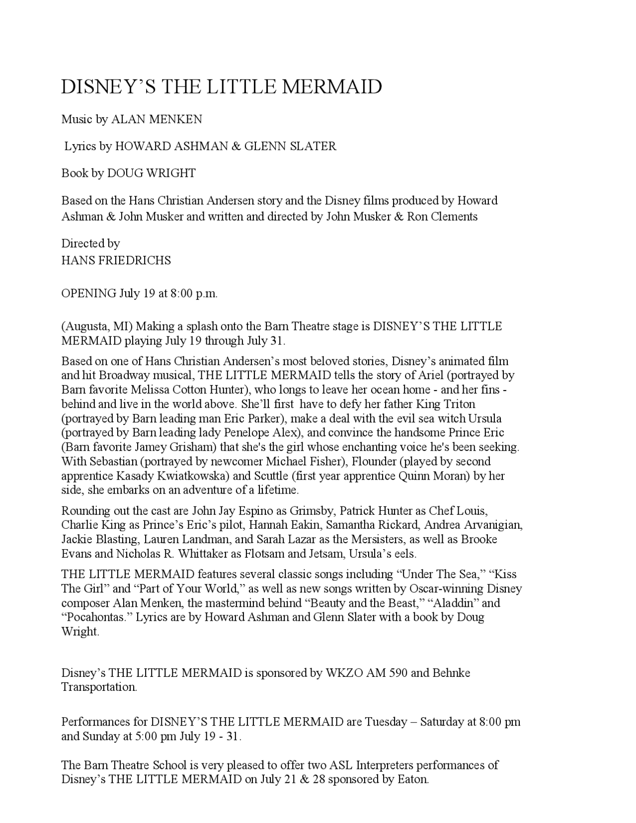 DISNEY'S THE LITTLE MERMAID | Barn Theatre | Exams Theatre | Docsity