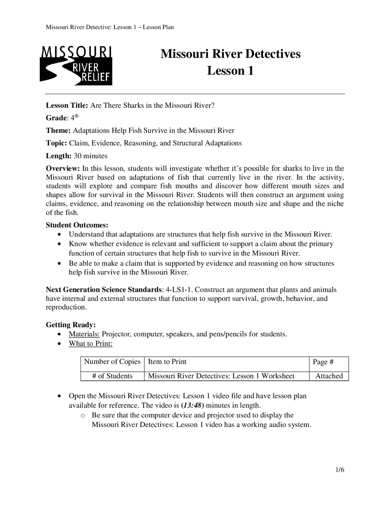 Missouri River Detectives Lesson 1 | Summaries Reasoning | Docsity