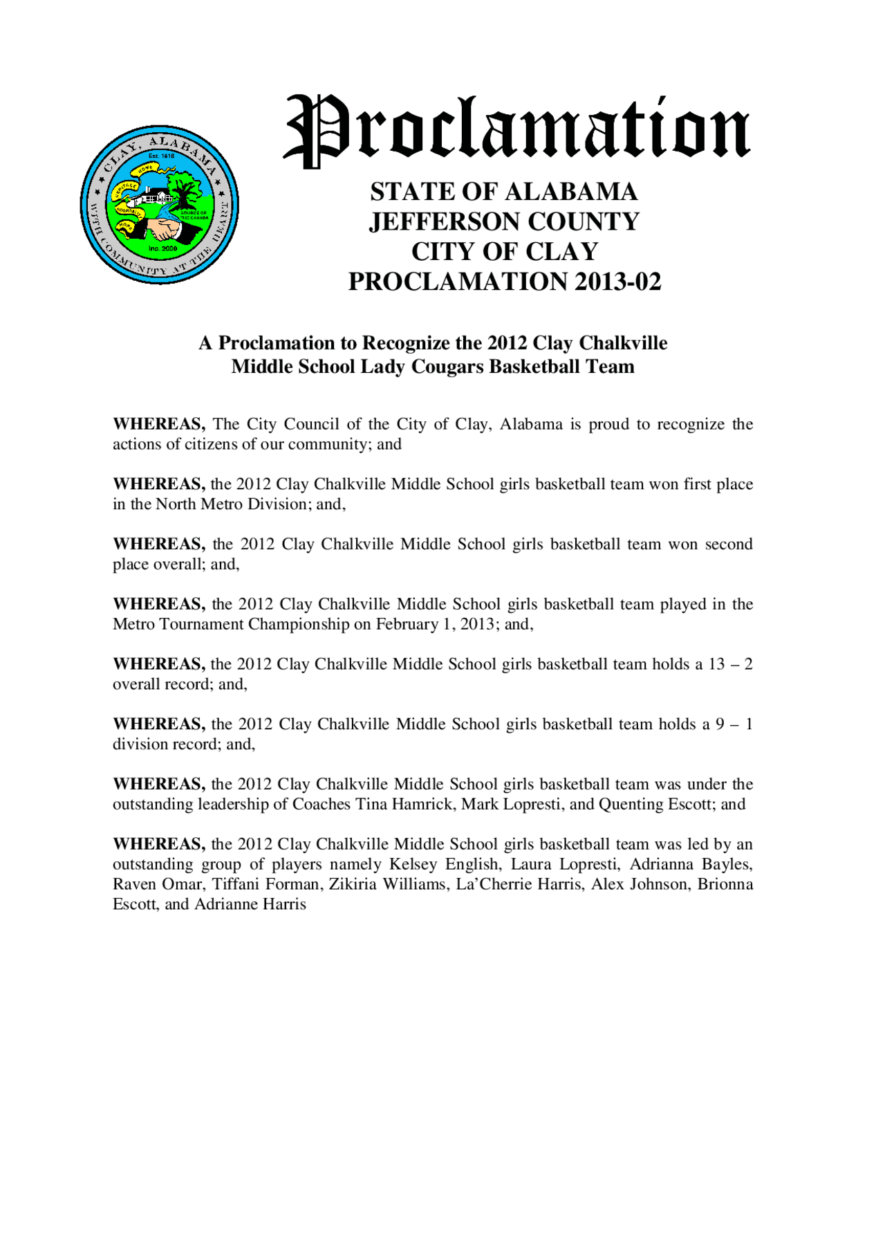 Proclamation 2013-02 CCMS Lady Cougars | Summaries English | Docsity