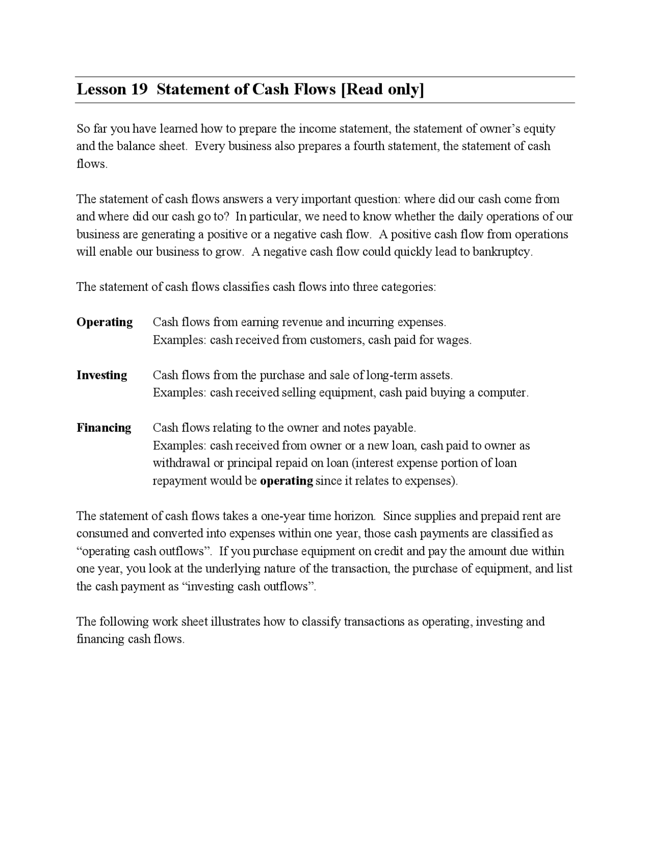 Lesson 19 Statement Of Cash Flows Read Only Summaries Business