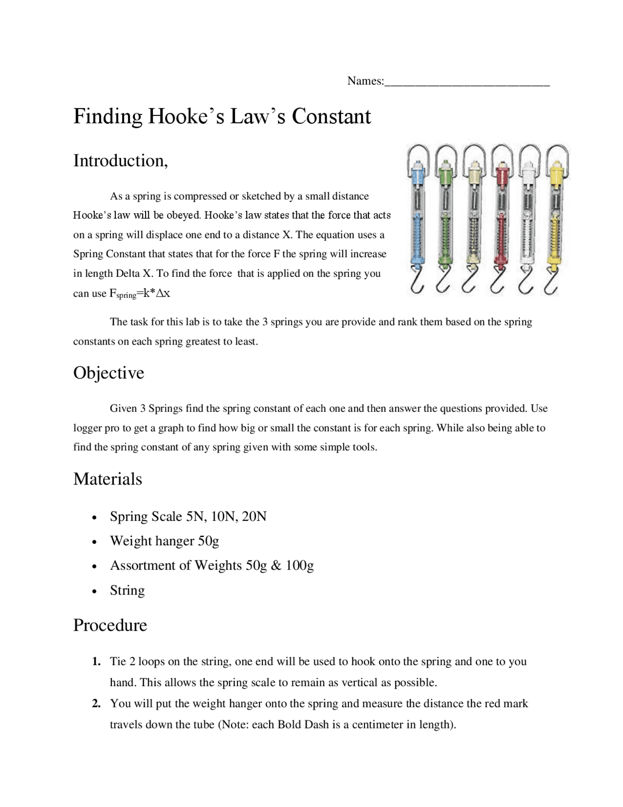 Finding Hooke's Law's Constant | Lecture notes Law | Docsity