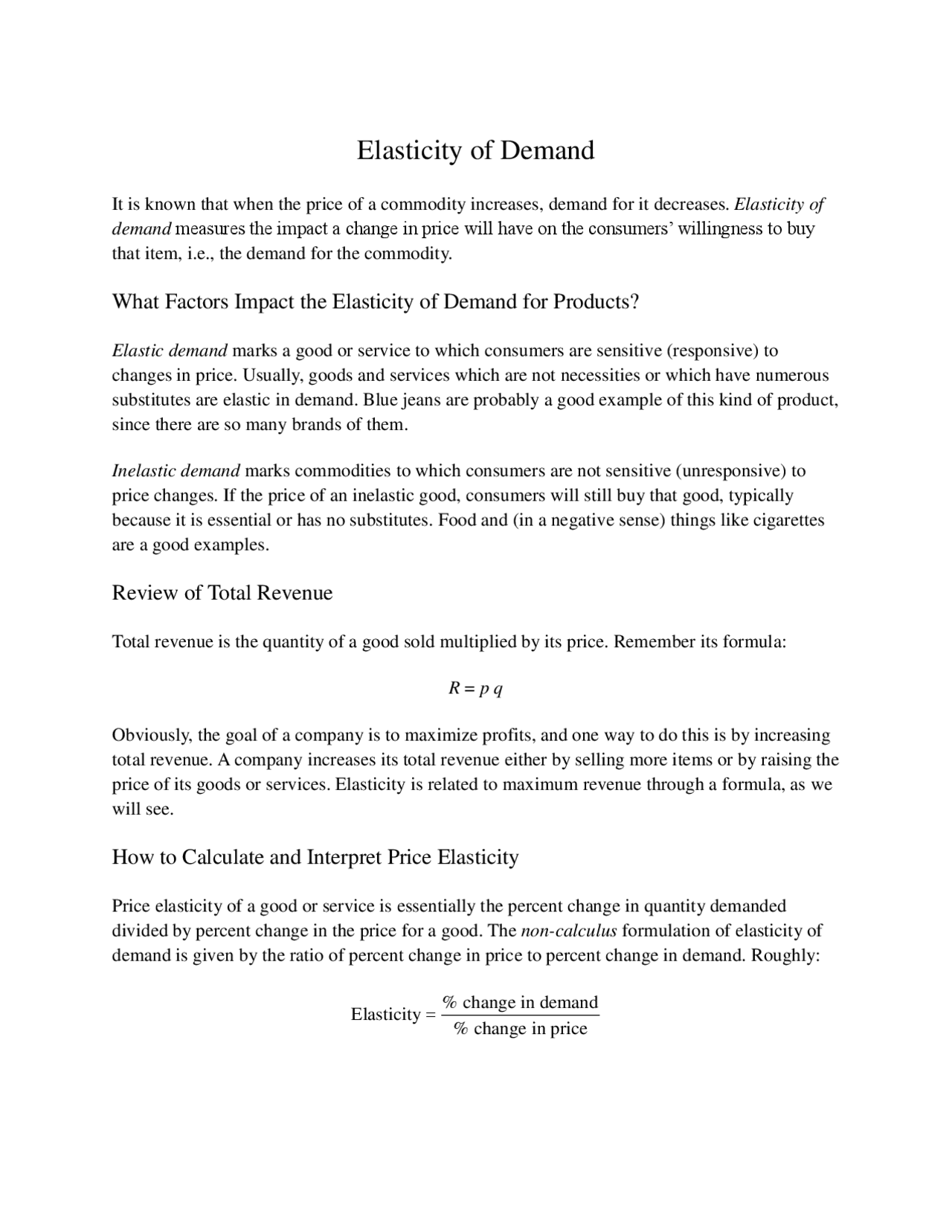 Elasticity Of Demand Summaries Calculus Docsity