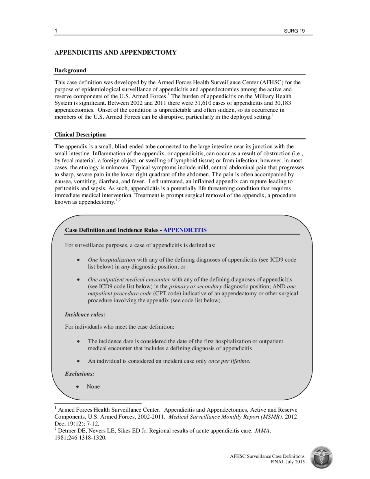 Appendicitis and Appendectomy | Health.mil | Summaries Medical Records | Docsity
