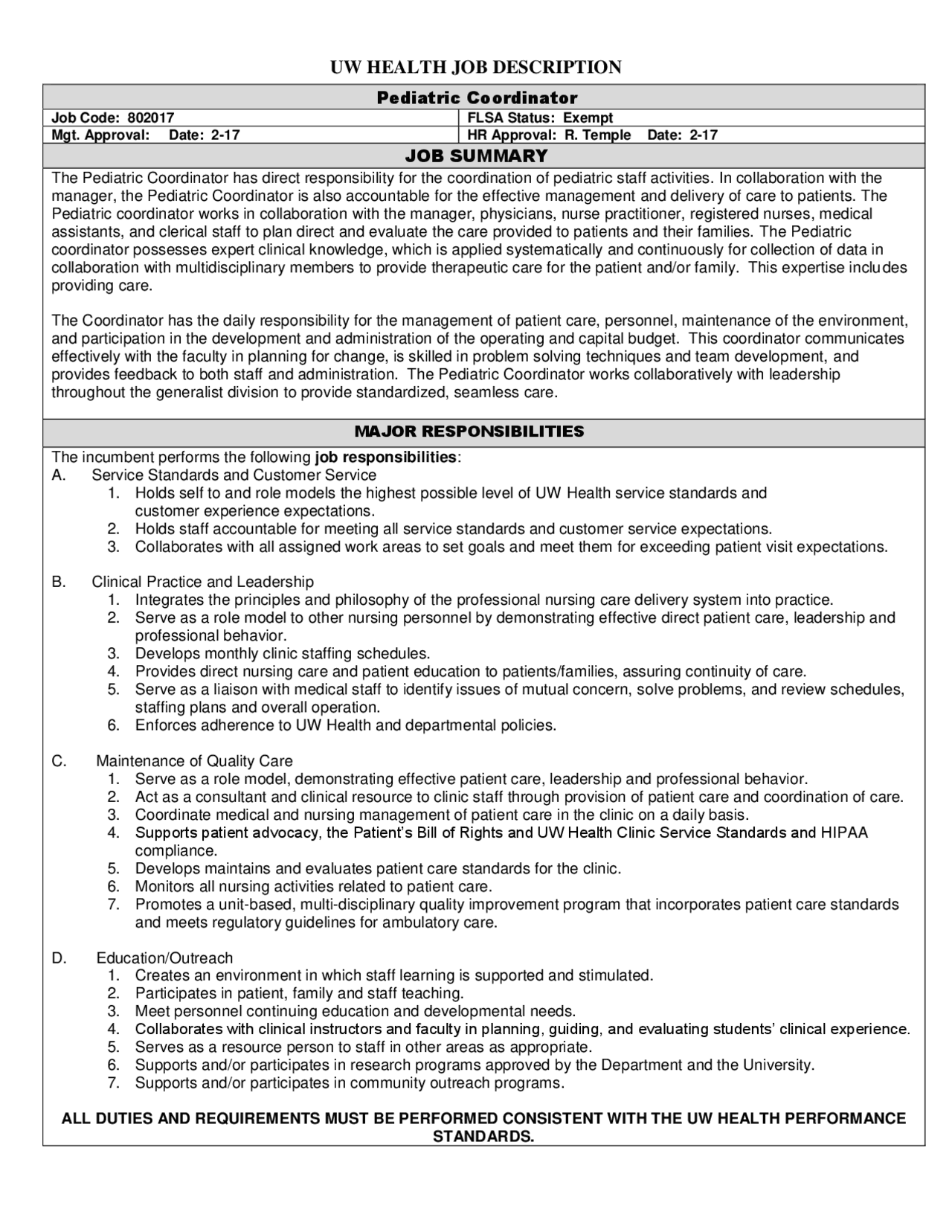 UW HEALTH JOB DESCRIPTION | Exercises Nursing | Docsity