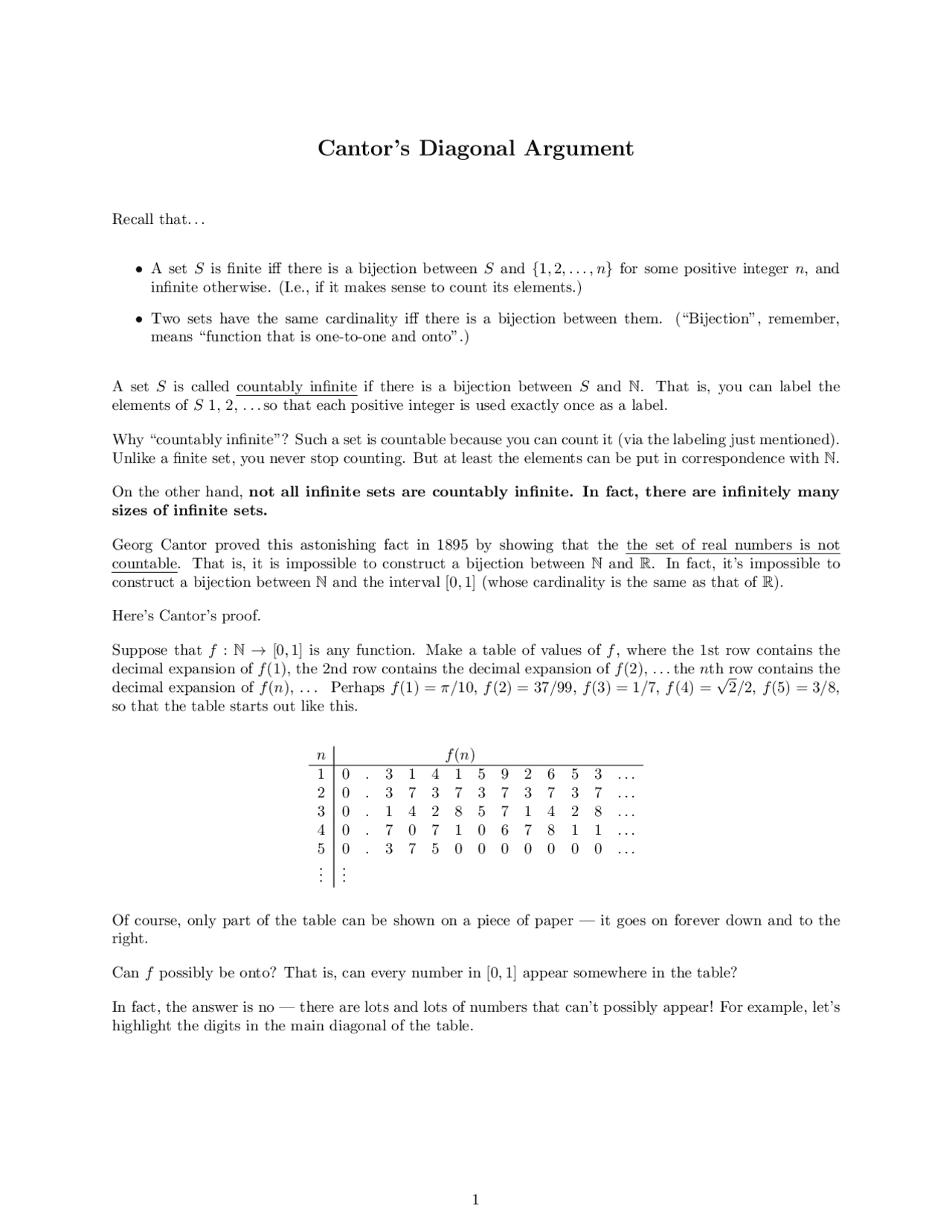 Cantor's Diagonal Argument | Study notes Discrete Mathematics | Docsity