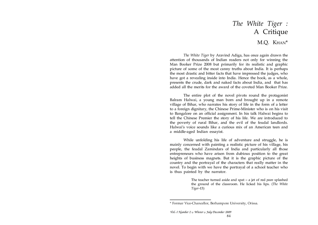 The White Tiger : A Critique | Slides Art | Docsity
